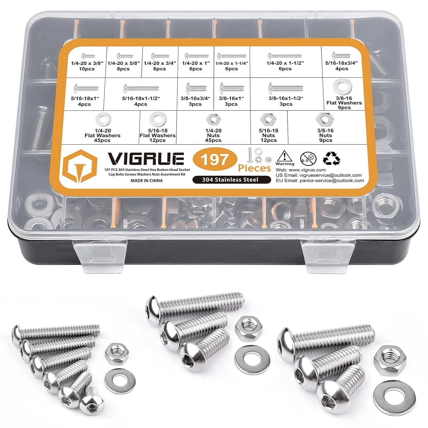 1/4-20 5/16-18 3/8-16 Button Head Cap Screw, 197pcs SAE 12 Sizes Hex ...