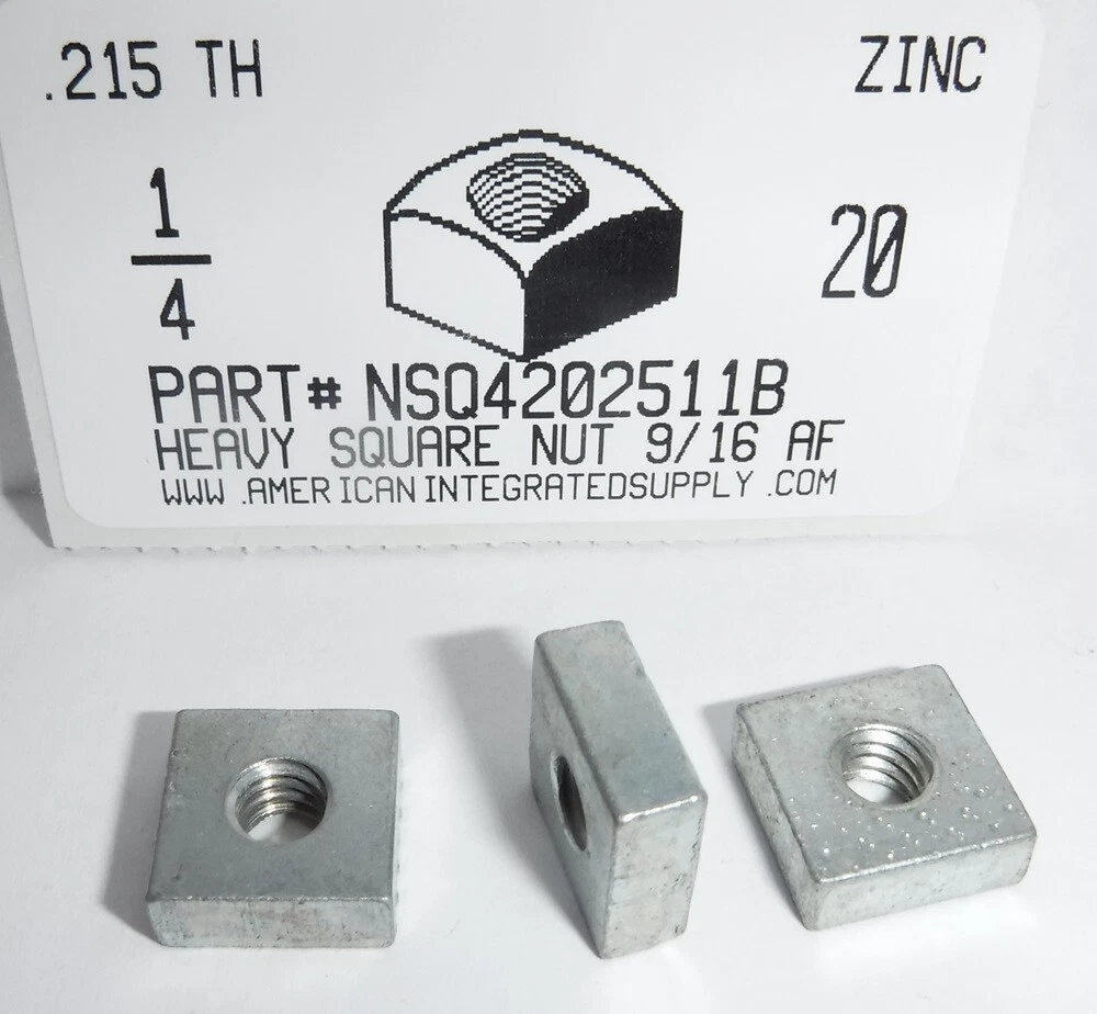 1/4-20 Heavy Square Nuts Steel Zinc Plated 9/16"Af X .215 Th (50 ...