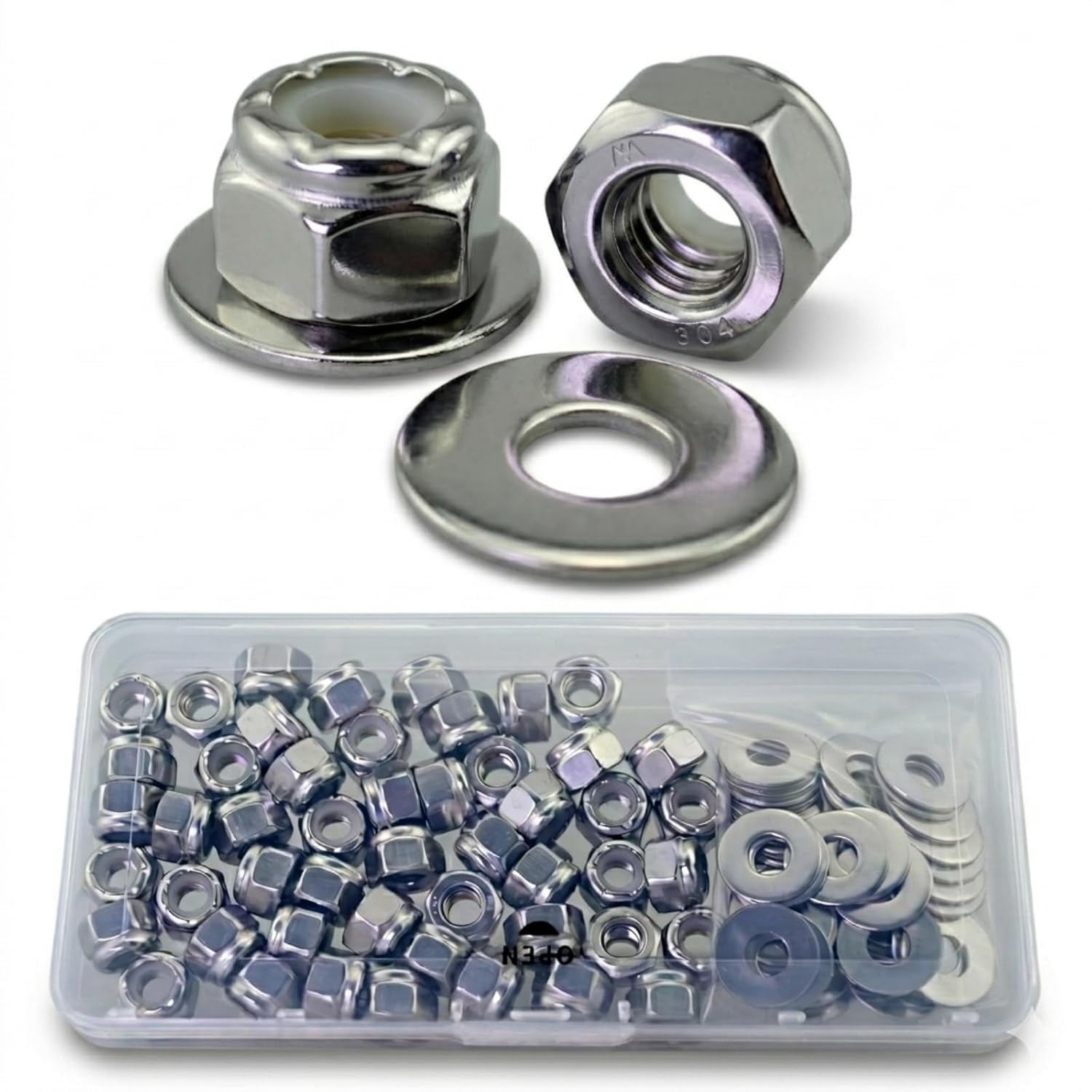 1/4"-20 Lock Nuts & 1/4" Stainless Steel Flat Washers Set, 100 Pack (50 ...