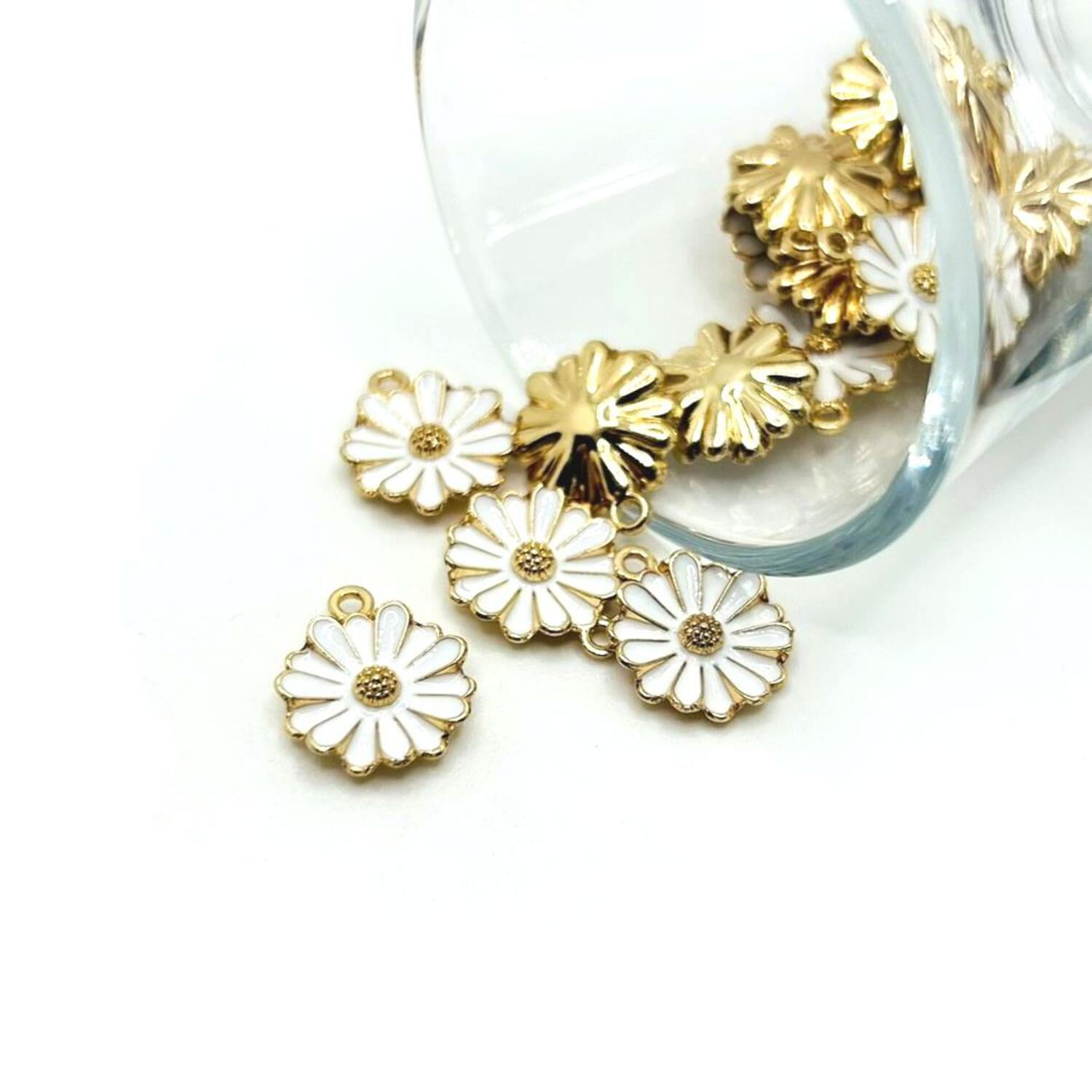 1, 4, 20 or 50 Pieces: White and Gold Enamel Flower Charms - Walmart.com