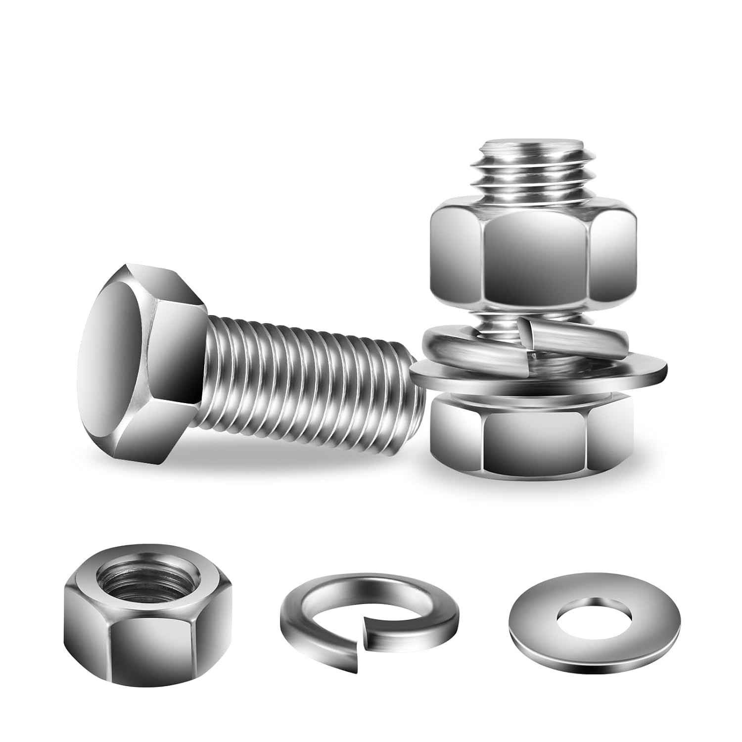 1/4-20 x 1 Hex Head Screw Bolt, Nuts, Flat & Lock Washers, 20Pcs 18-8 ...