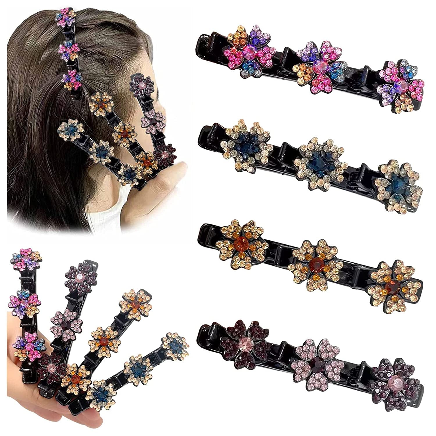 1/4/8PCS Sparkling Crystal Braided Hair Clips For Women, Four-Leaf ...