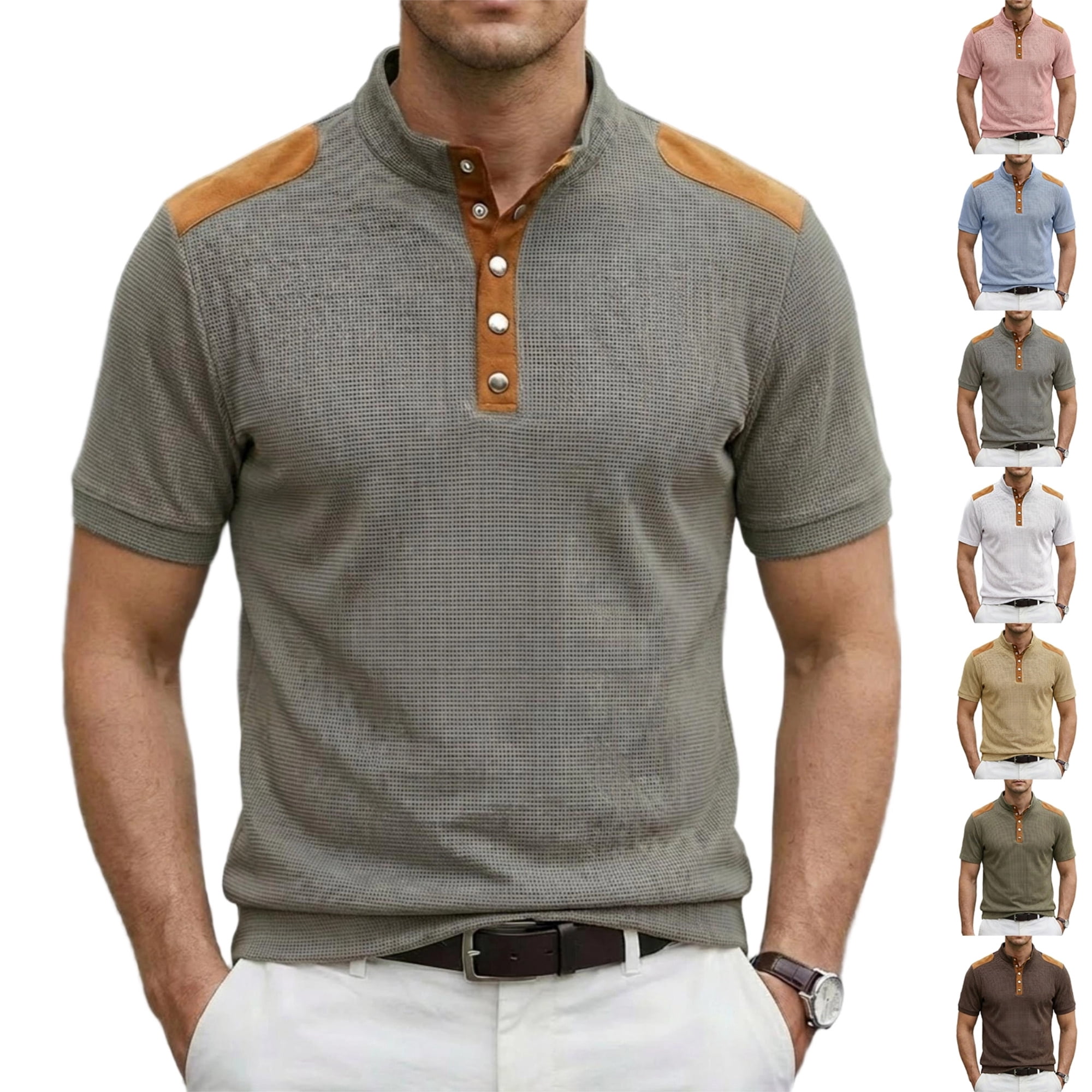 1/4 Button Pullover Polo Shirts for Men Stand Collar Short Sleeve ...