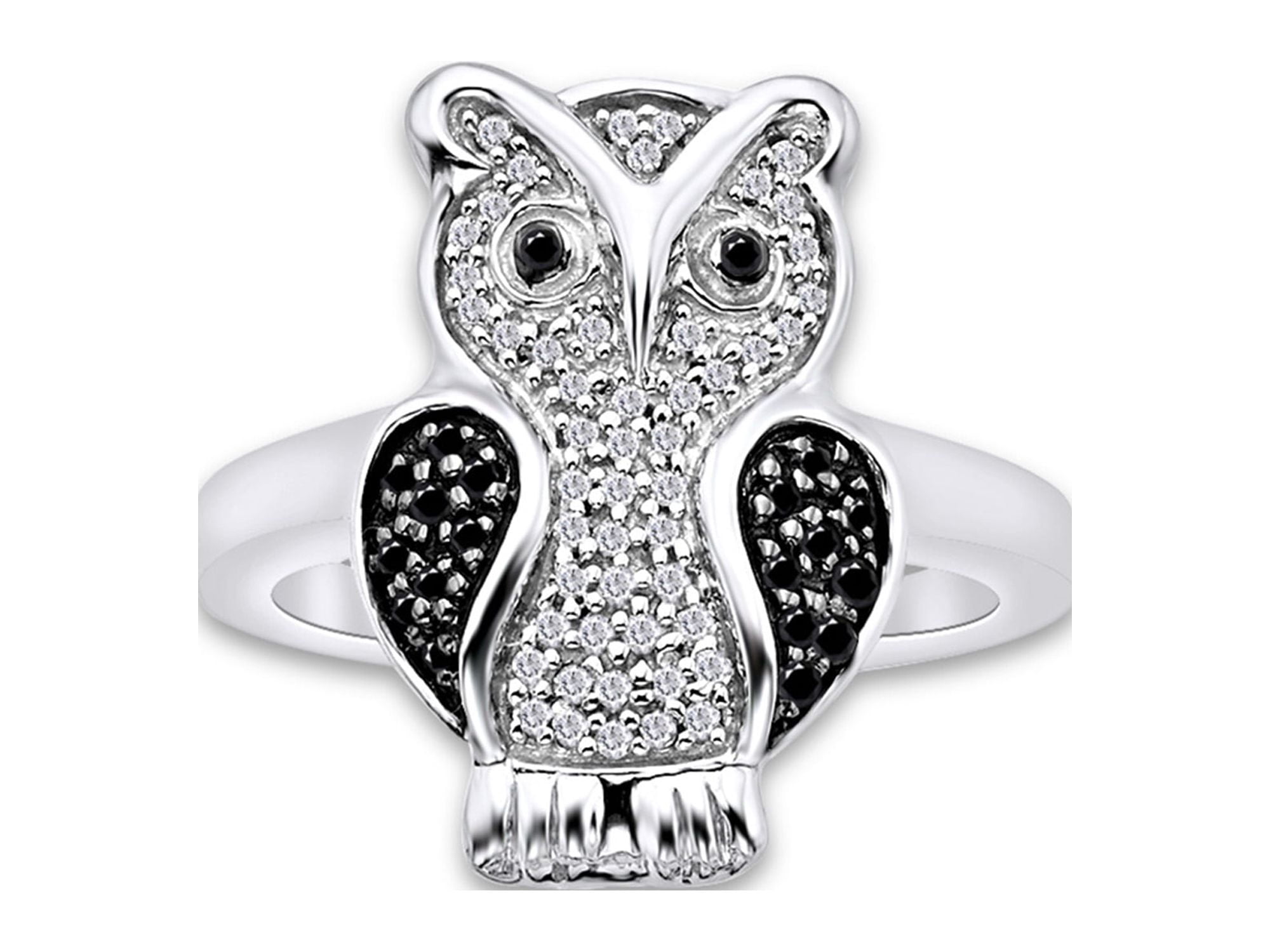 1/4 Carat CTTW Round Cut Black And White Natural Diamond Owl Ring In ...