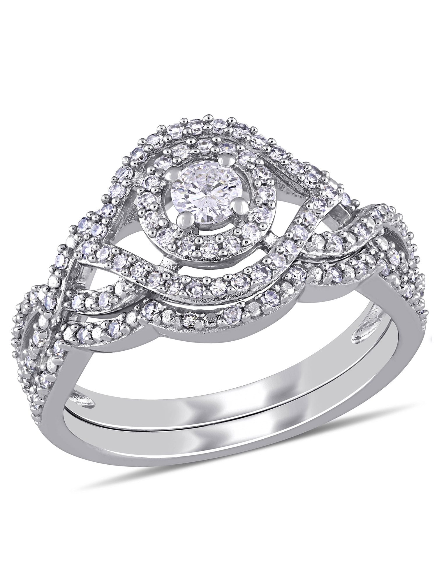 1/4 Carat T.W. Diamond Sterling Silver Halo Crossover Bridal Set ...