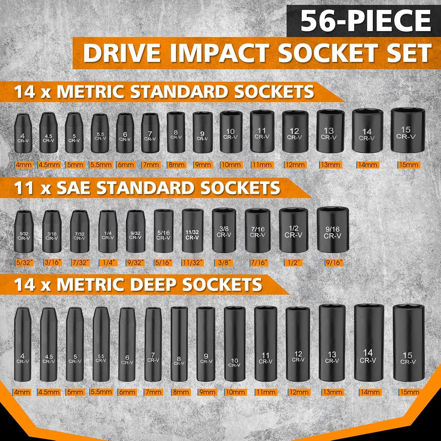 1/4" Drive Impact 56-Piece Socket Set, Standard SAE (5/32 to 9/16 inch ...