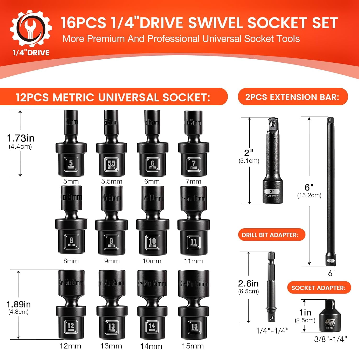 1/4" Drive Universal Impact Socket Set, 16-Pieces Swivel Socket Set ...