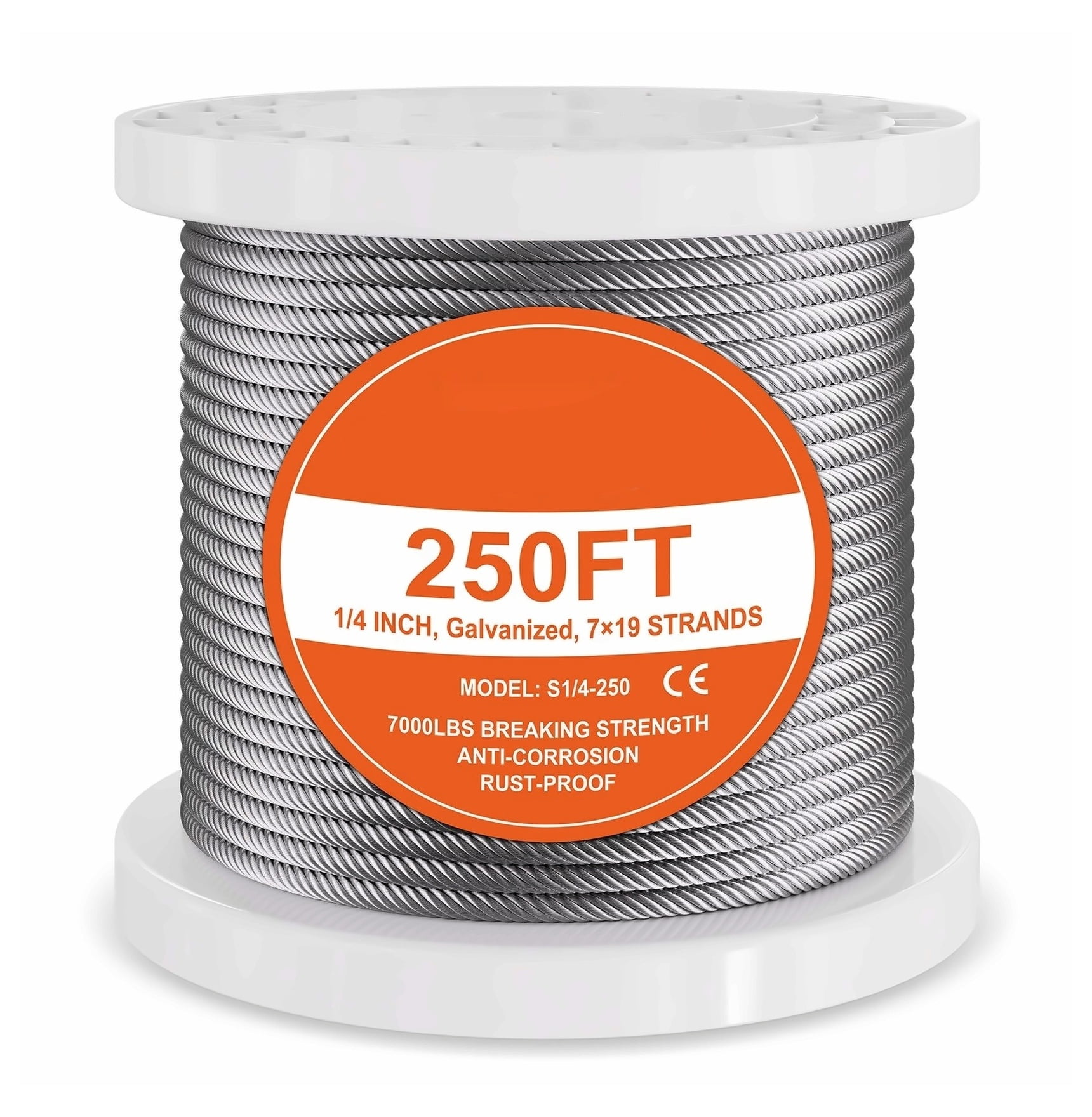 1/4" Galvanized Steel Cable 7x19 Strand, 250ft - Wire Rope for Railing ...