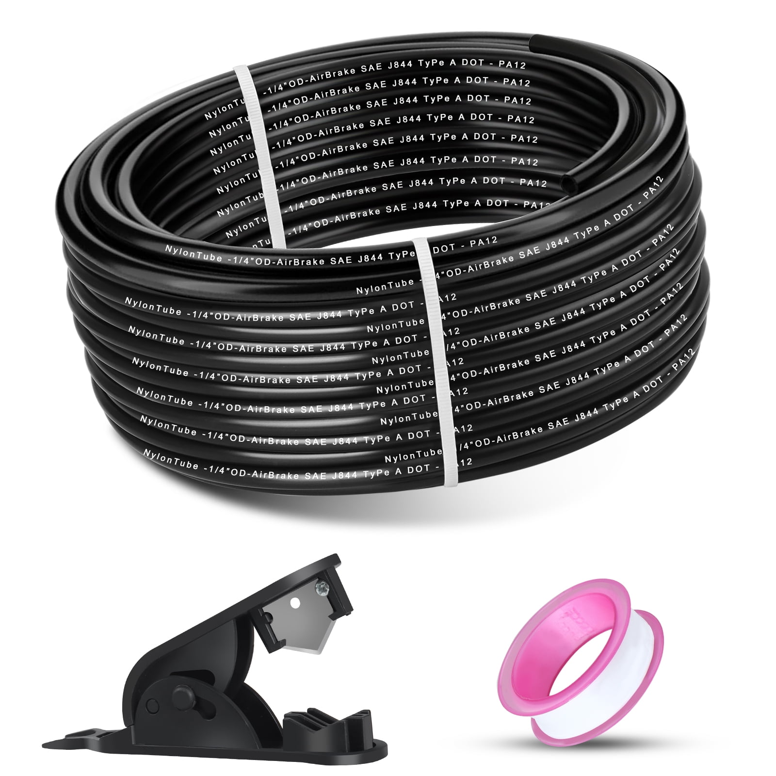 1/4" OD x 100FT DOT Air Line Tubing Kit Black SAE J844 PA12 Nylon Air ...