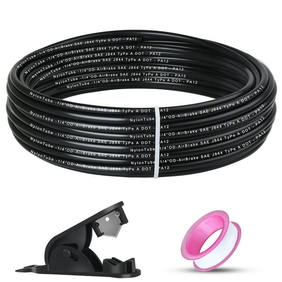 1/4" OD x 50FT DOT Air Line Tubing Kit Black SAE J844 PA12 Nylon Air ...