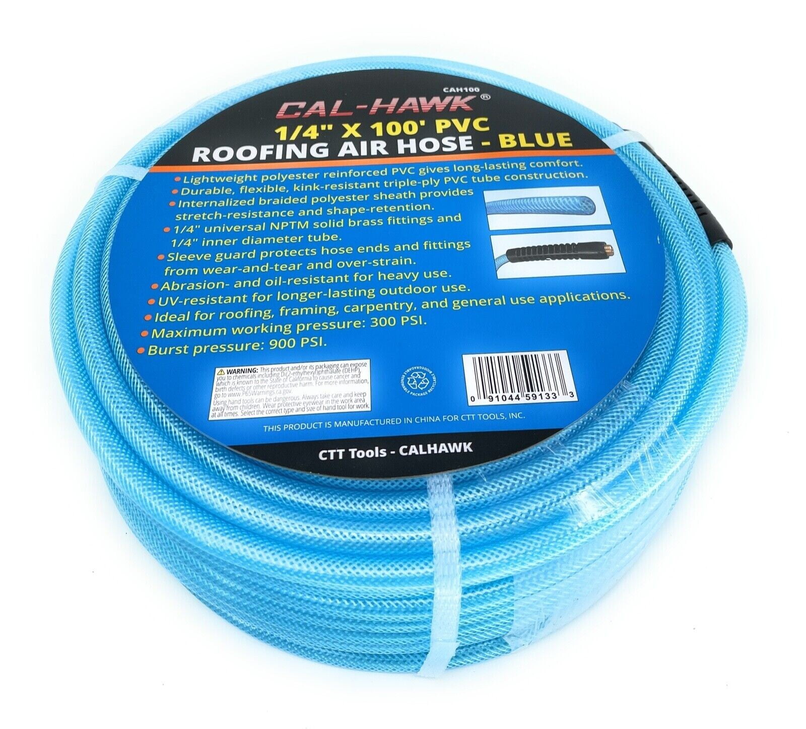 1/4" X 100' Air Hose Flexible Braid Roofing Clear Blue PVC NPT 300 PSI ...