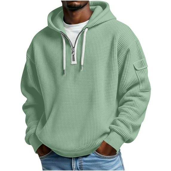 1/4 Zip Pullover Mens Waffle Knit Hoodie Loose Casual Sweater Long ...