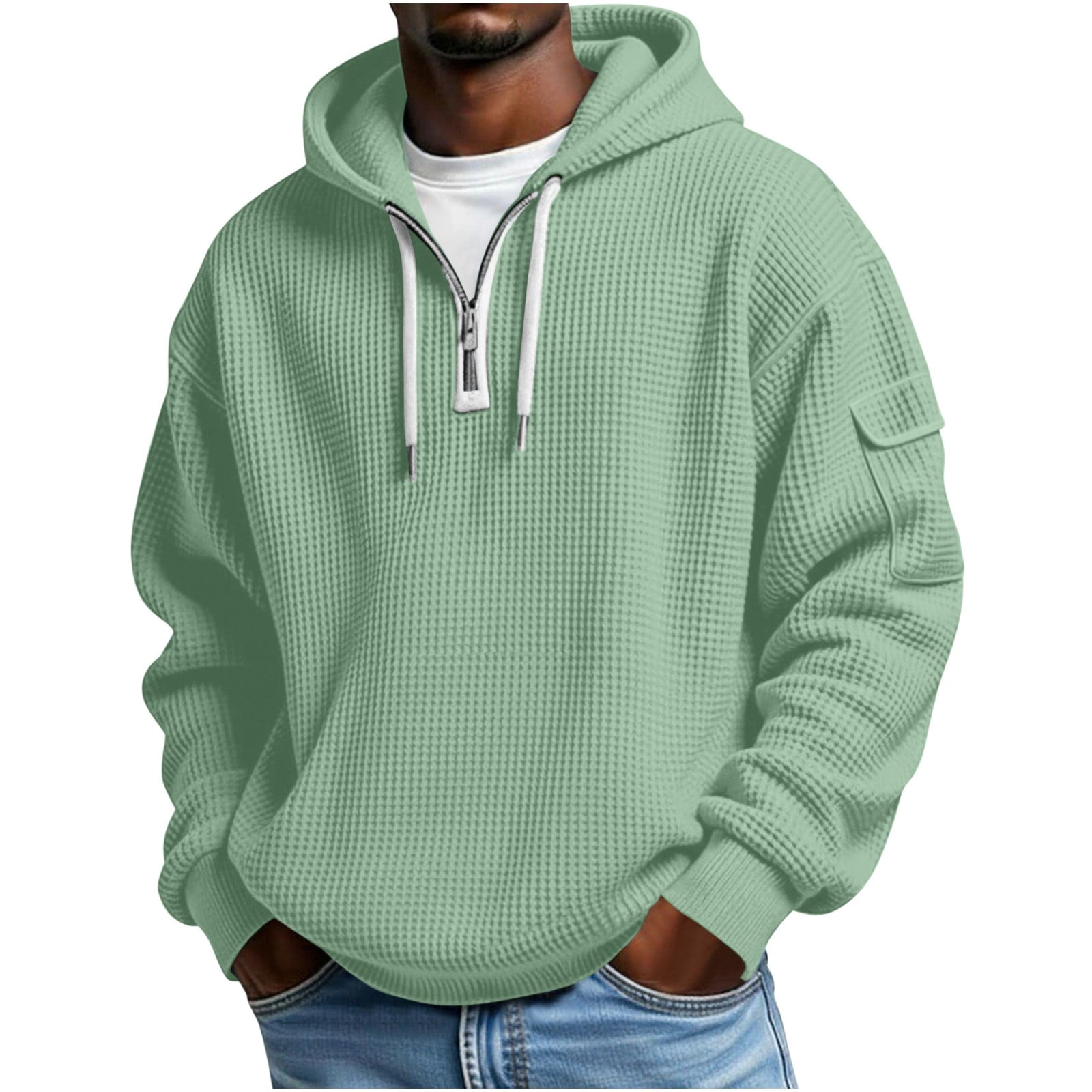 1/4 Zip Pullover Mens Waffle Knit Hoodie Loose Casual Sweater Long ...