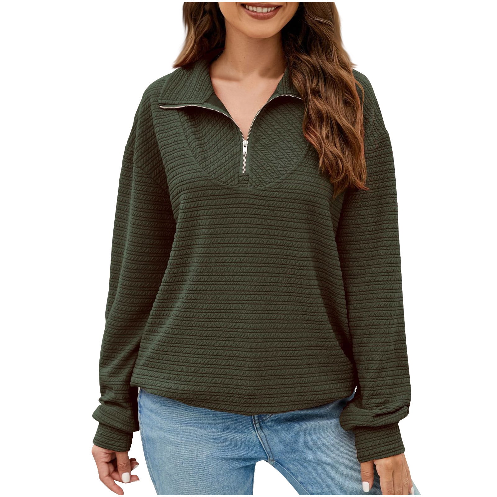 1/4 Zip Pullover Sweatshirt Women Long Sleeve Turn-down Collar Plain ...