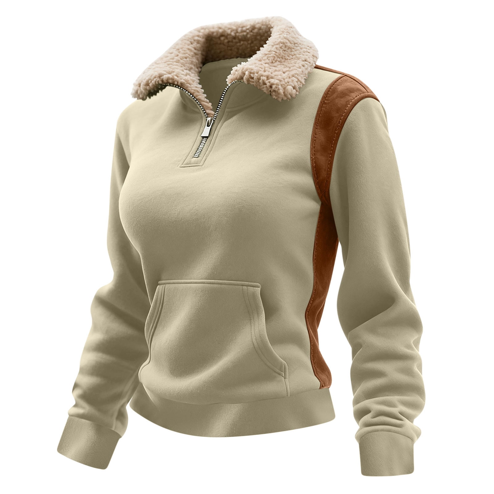 1/4 Zip Pullover Womens Winter Faux Suede Patchwork Sweater Tops Pocket ...
