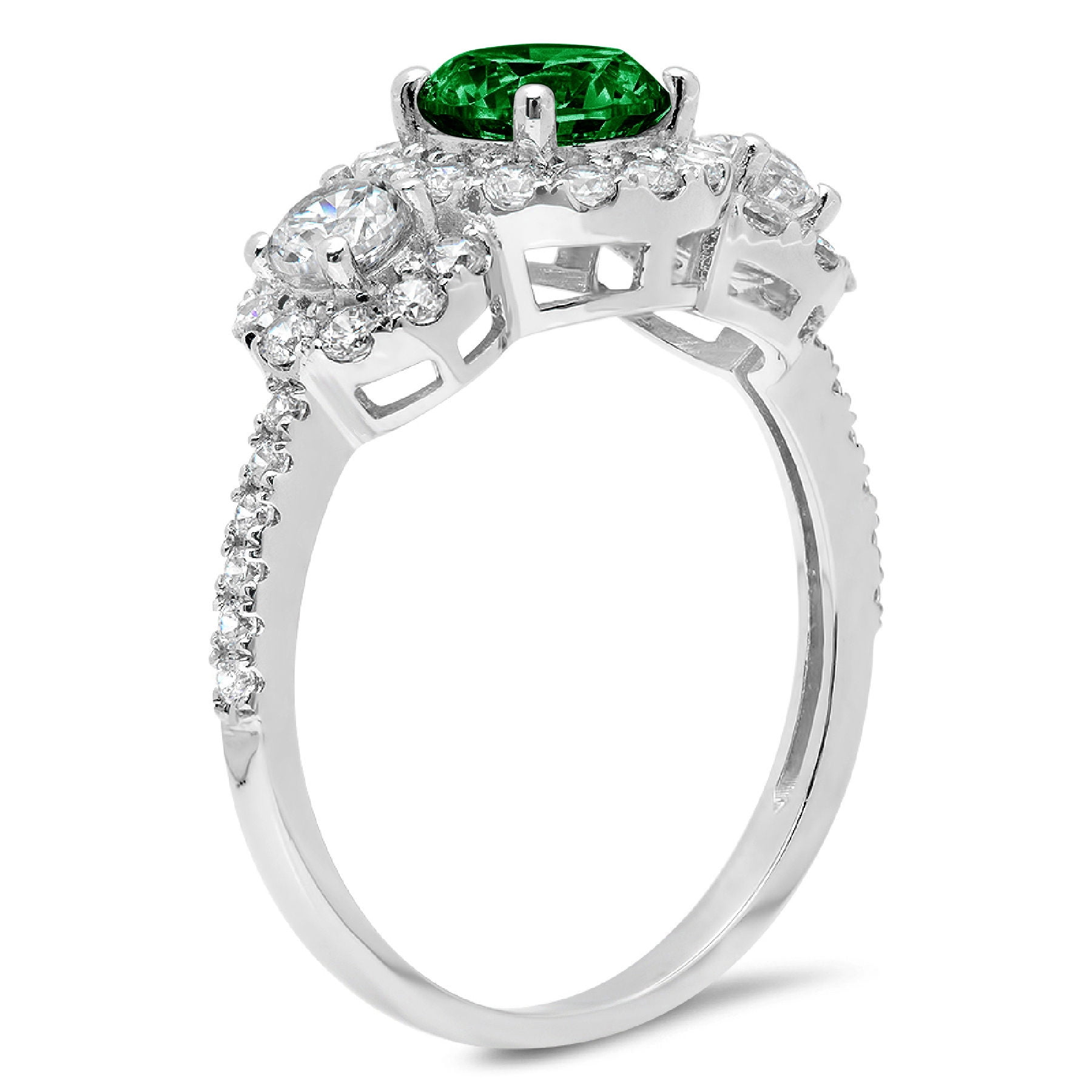 1.46 ct Round Cut Simulated Emerald Three-Stone Engagement Ring for Women in 18K White Gold ...