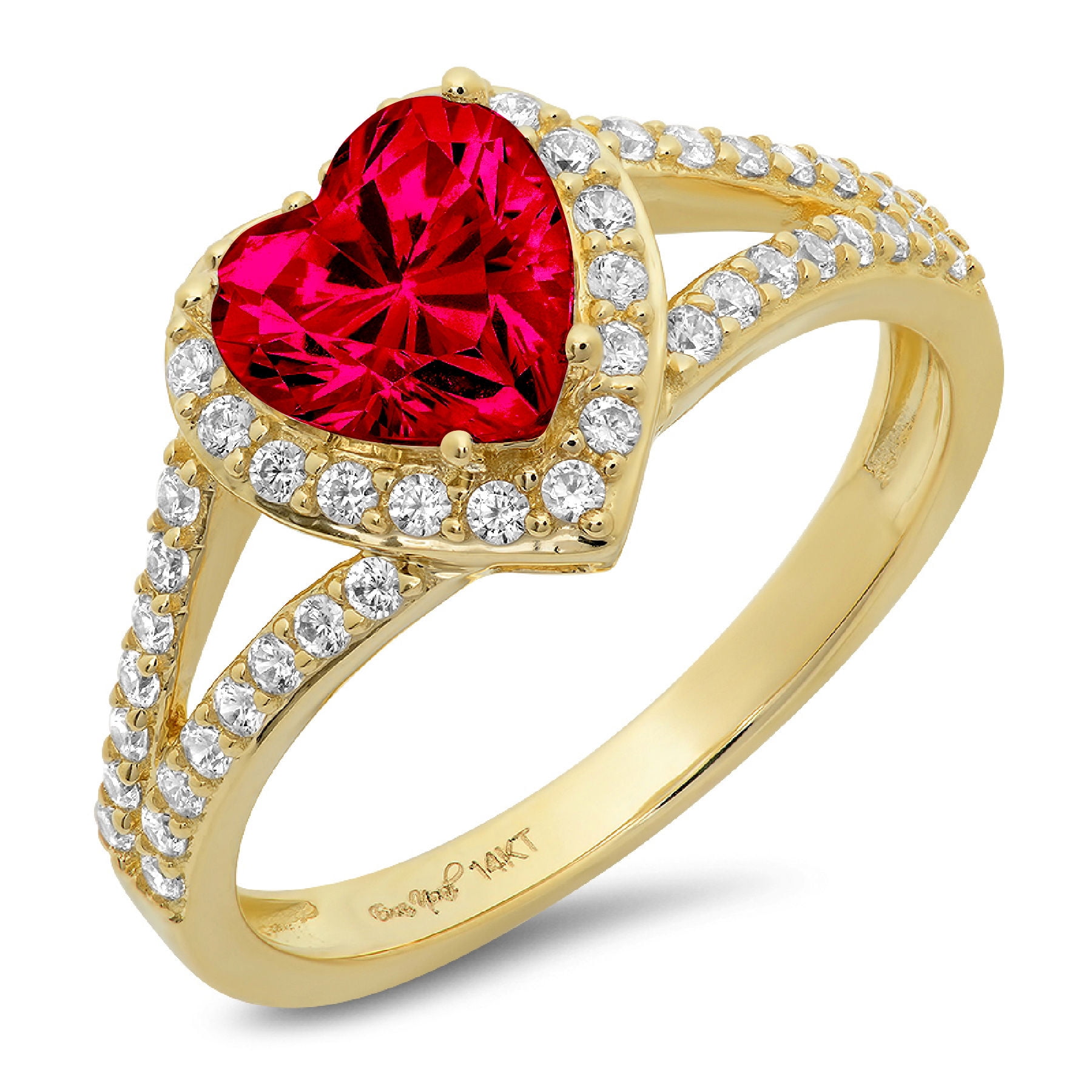 1.49 ct Heart Cut Simulated Ruby with Simulated Diamond Halo Accents 18K Yellow Gold Womens ...
