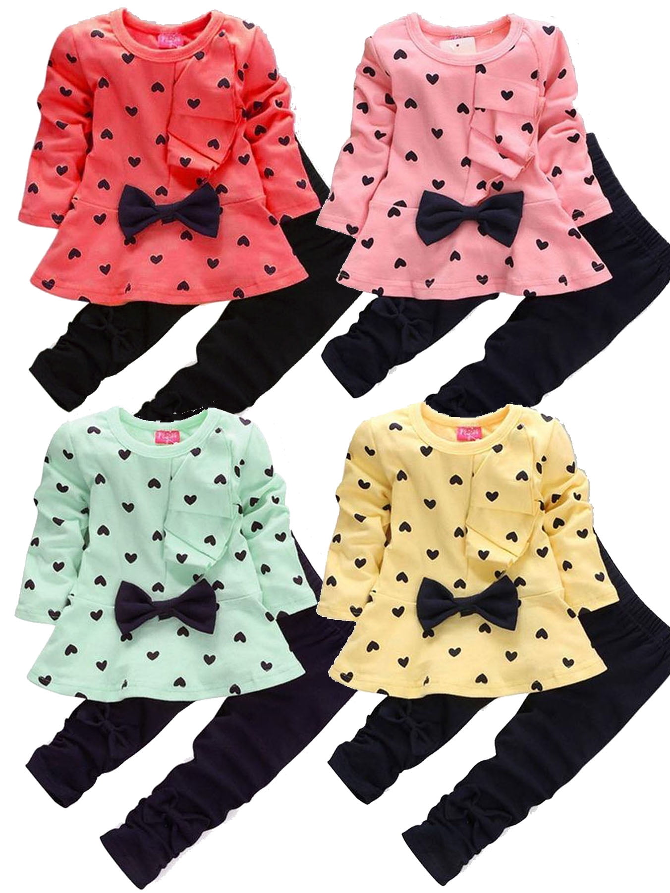 1-4T Kids Baby Girls Long Sleeve Outfits LOVE Tops Shirt+Bowknot Leggings Long Pants Set Fall ...