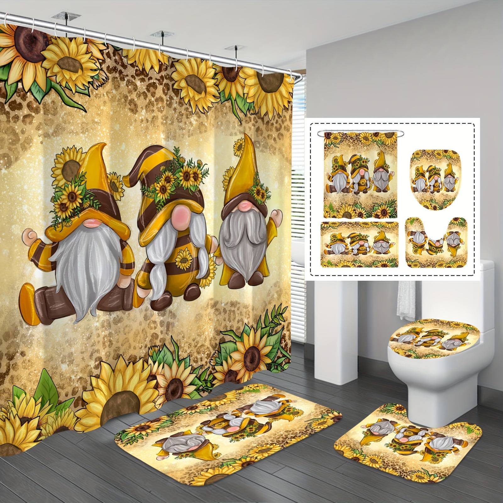 1/4pcs Sunflower Gnome Shower Curtain Set, Waterproof Shower Curtain ...