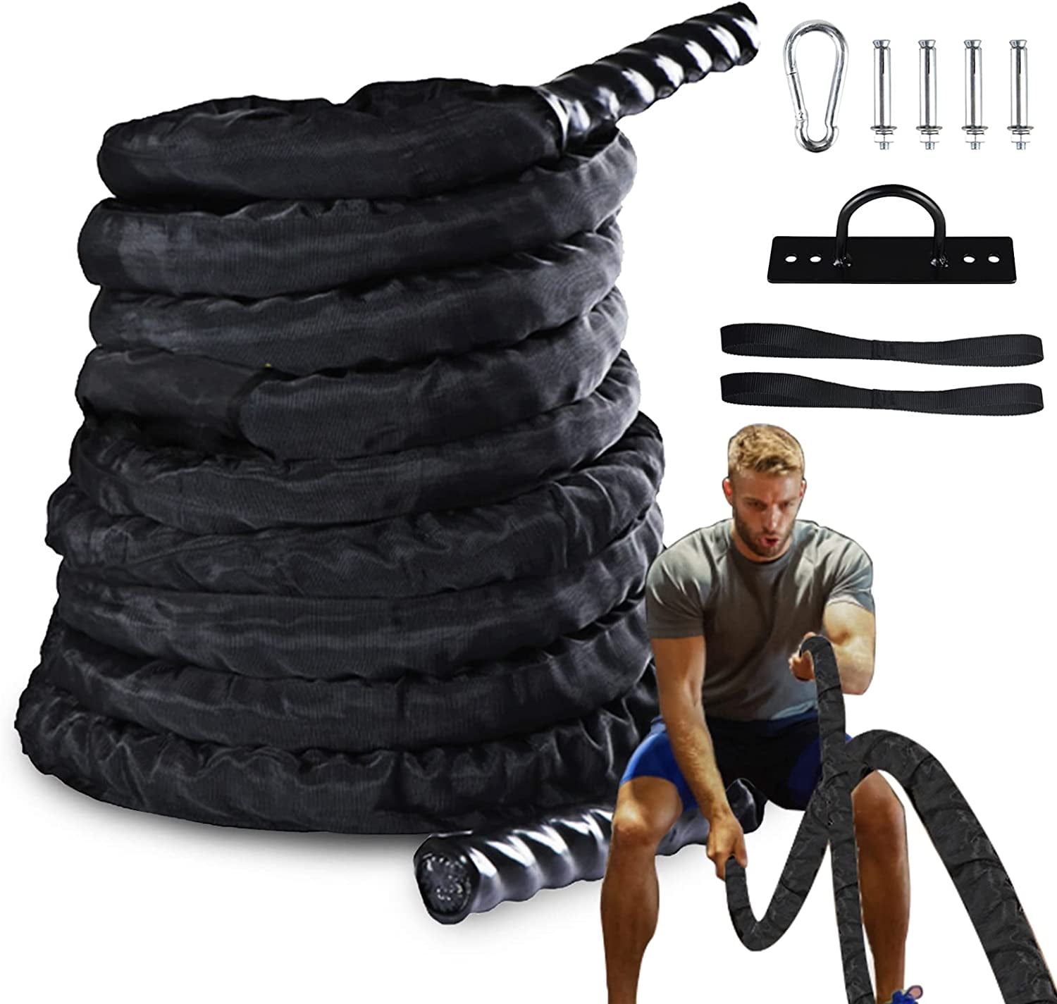 1.5" 30ft Heavy Battle Rope, Exercise Training Rope with Anchor Strap ...