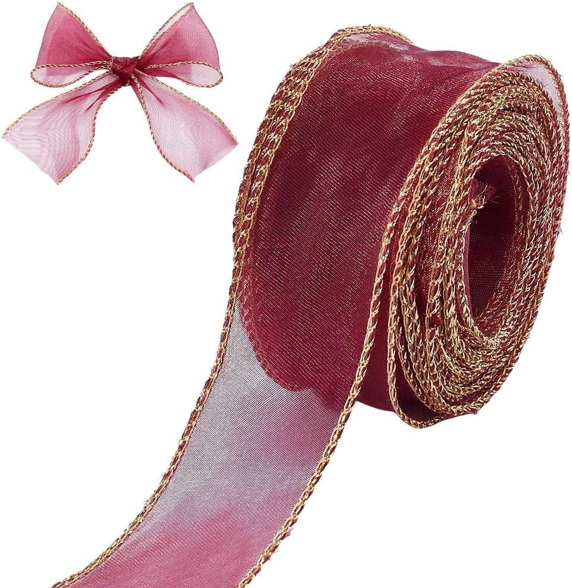 1-5/8” Wide Wine Red Gold Wired Organza Ribbon Sheer Tulle Gift Ribbon ...