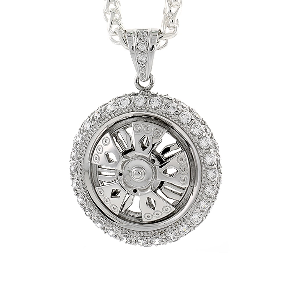 1 5/8 inch Sterling Silver CZ Iced Out Spinner Wheel Pendant for Men ...
