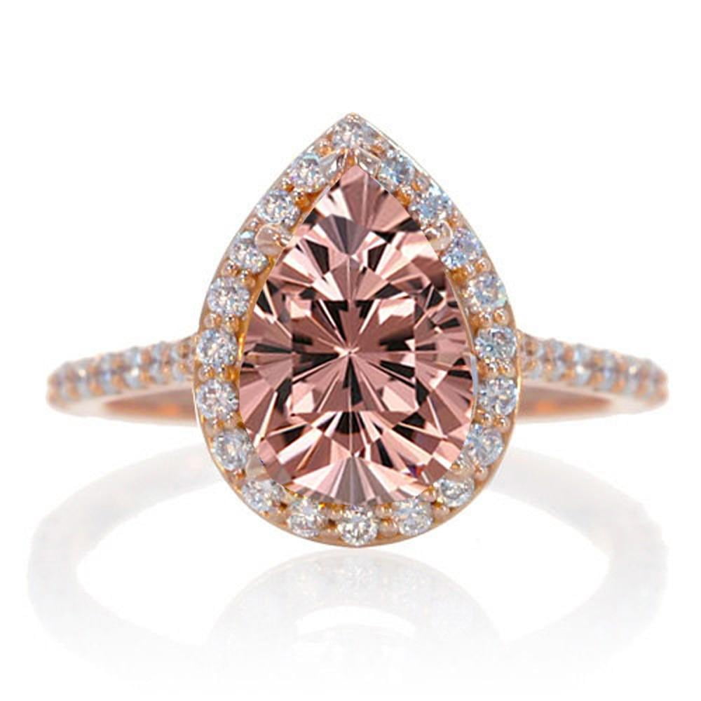 1.5 Carat 8X5mm Pear Cut Morganite Halo Desiger Engagement Ring On 10K ...