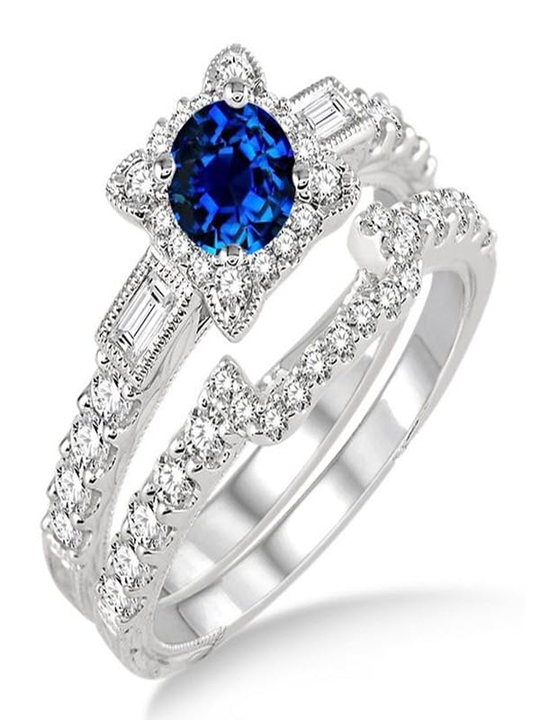 1.5 Carat Sapphire and Diamond Vintage floral Bridal Set Engagement ...