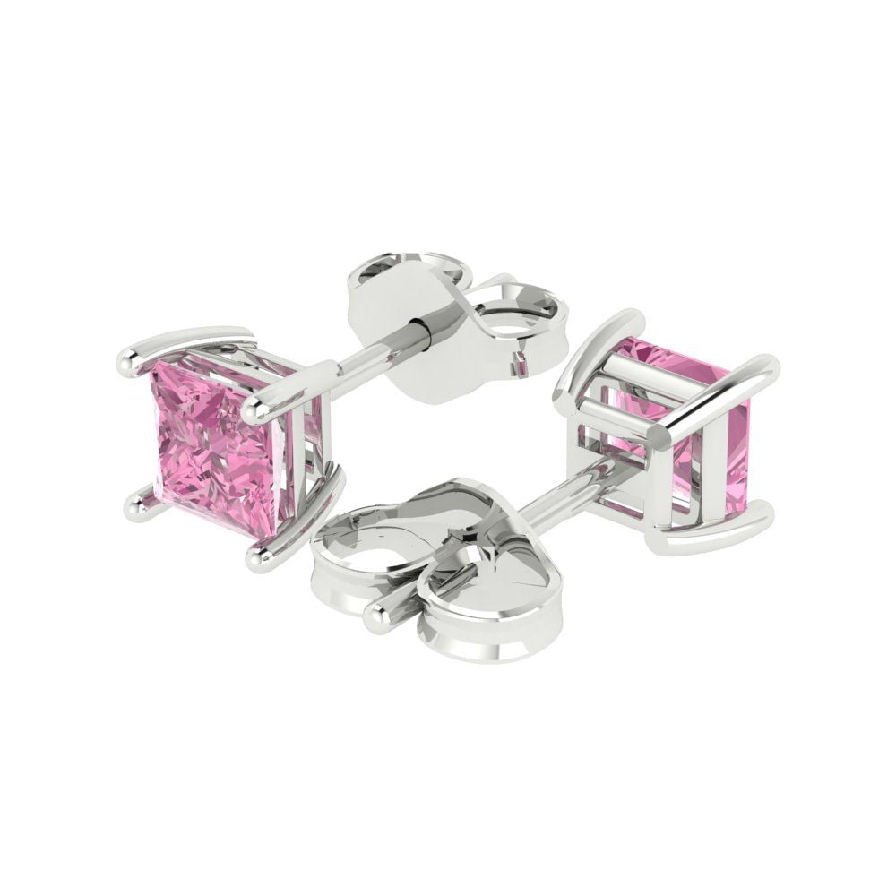 1.5 Ct Princess Cut Studs Pink Crystal 14K White Solid Gold Everyday ...