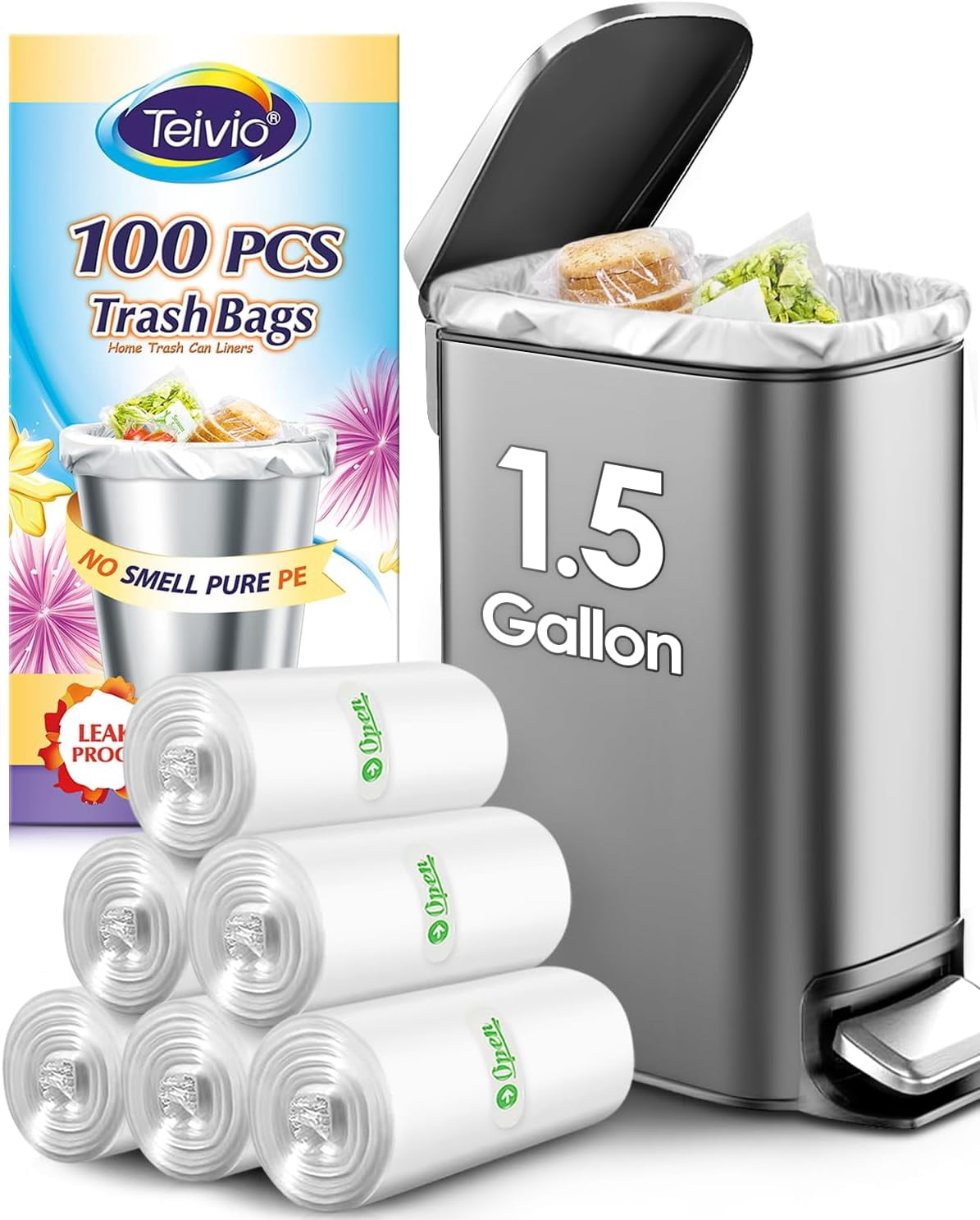 Teivio 1.5 Gallon Clear Trash Bags, 100 Counts, Strong Garbage Bags for ...