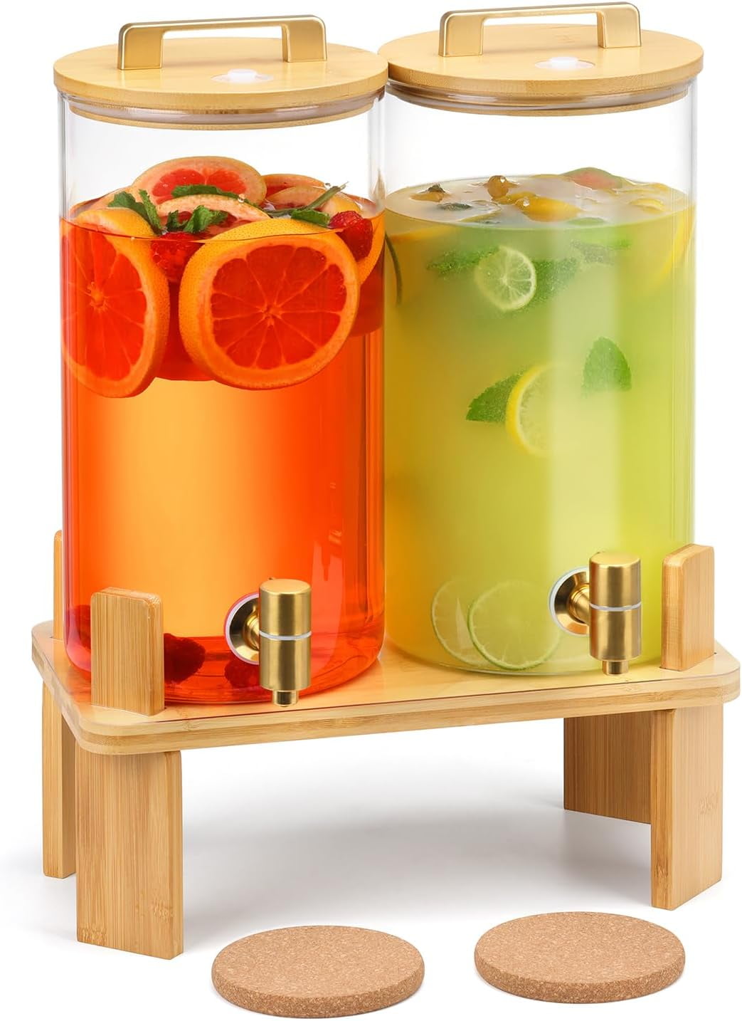 1.5 Gallon 2 PACK Glass Drink dispenser, Beverage Dispenser With Wood ...