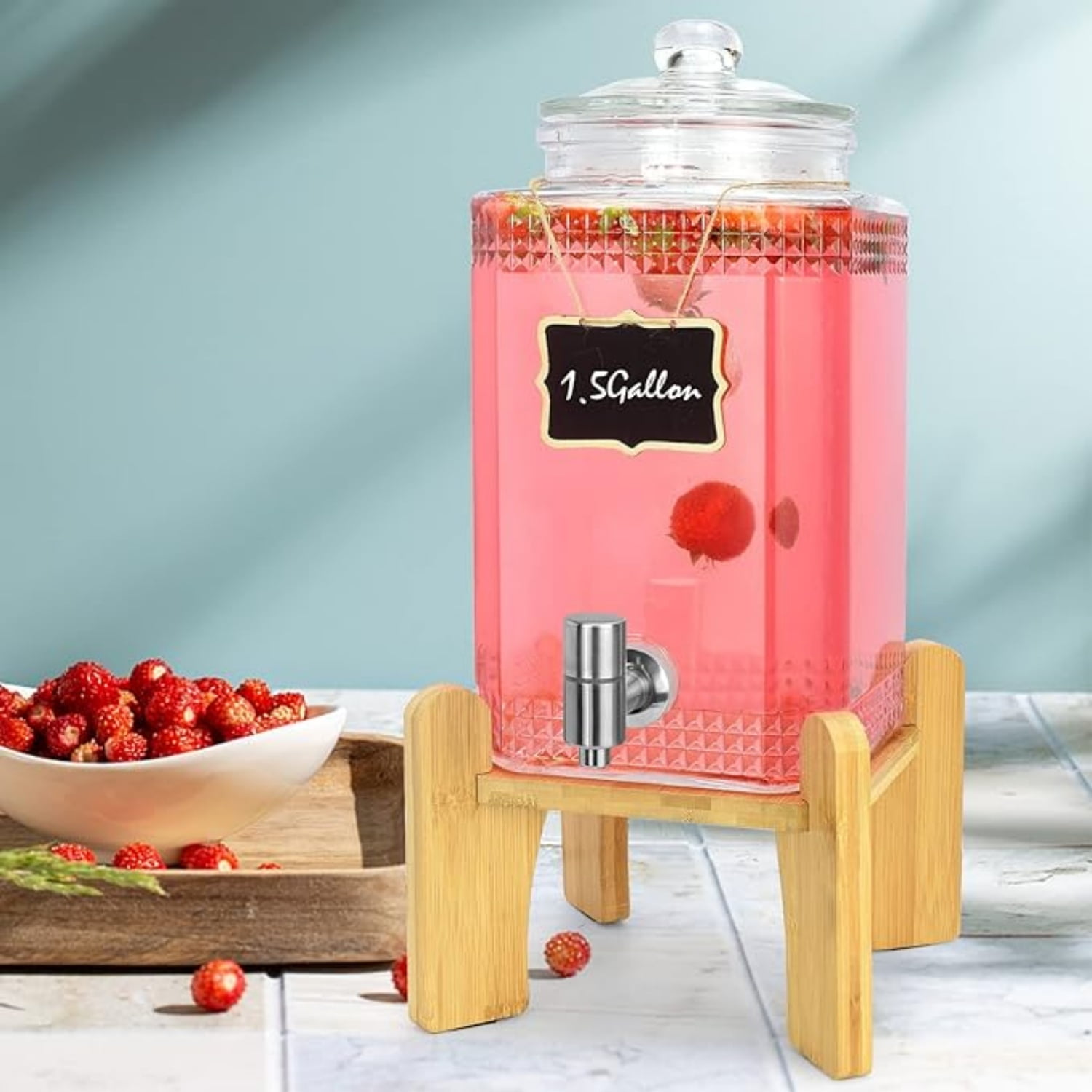 1.5 Gallon Glass Beverage Dispenser With Stand(Natual Bamboo). Water ...