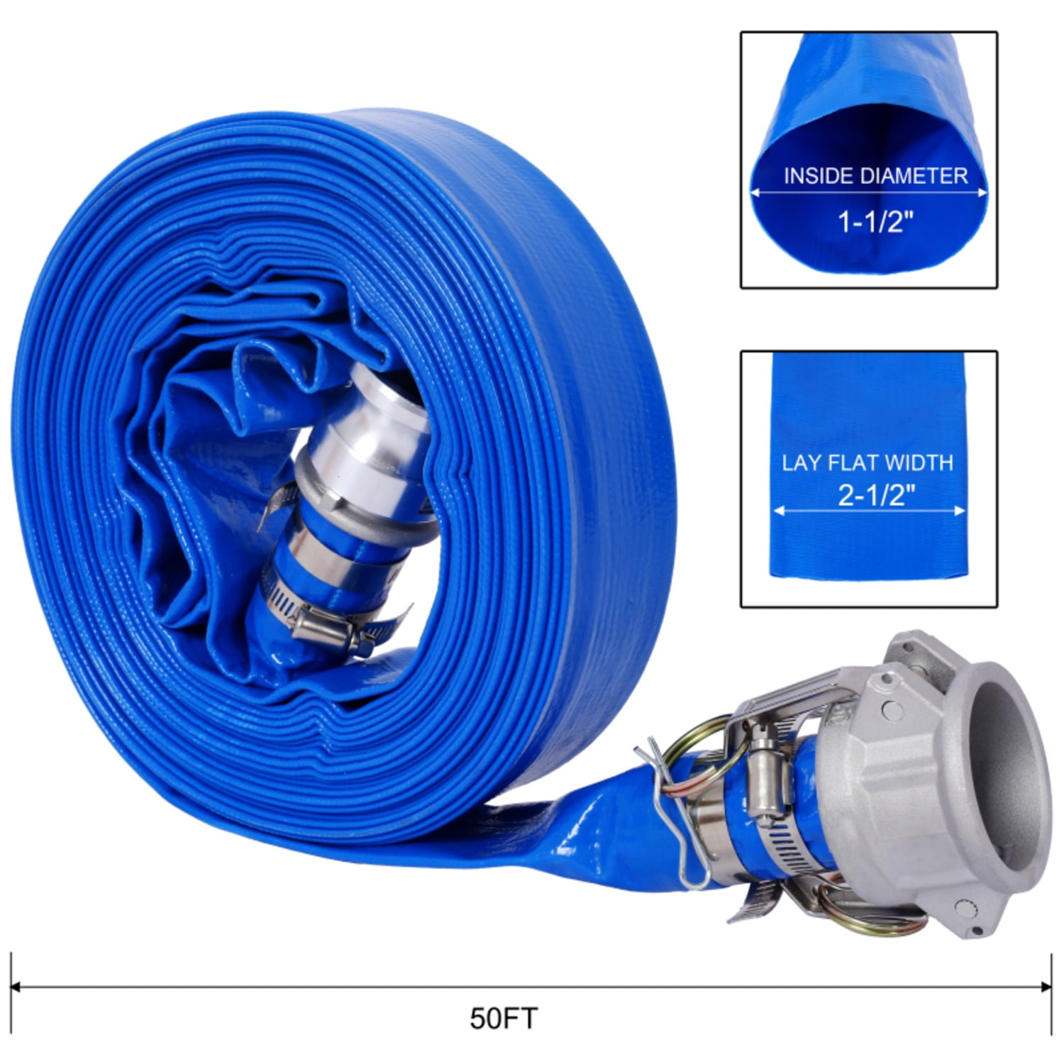 1.5" ID 50 Ft Pool Backwash Hose Heavy Duty Reinforced Blue PVC Lay ...