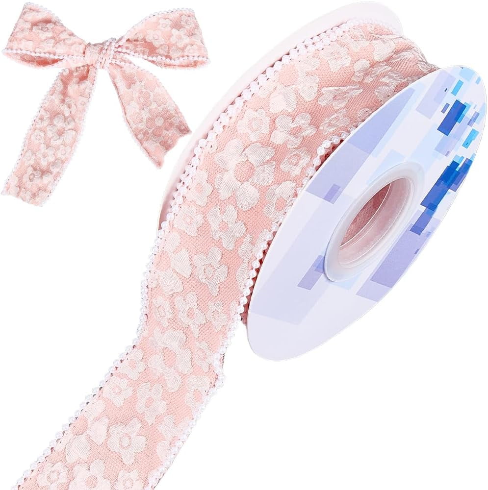 1.5 Inch Pink Spring Floral Ribbon with Pearls Fishtail 3D Flower ...