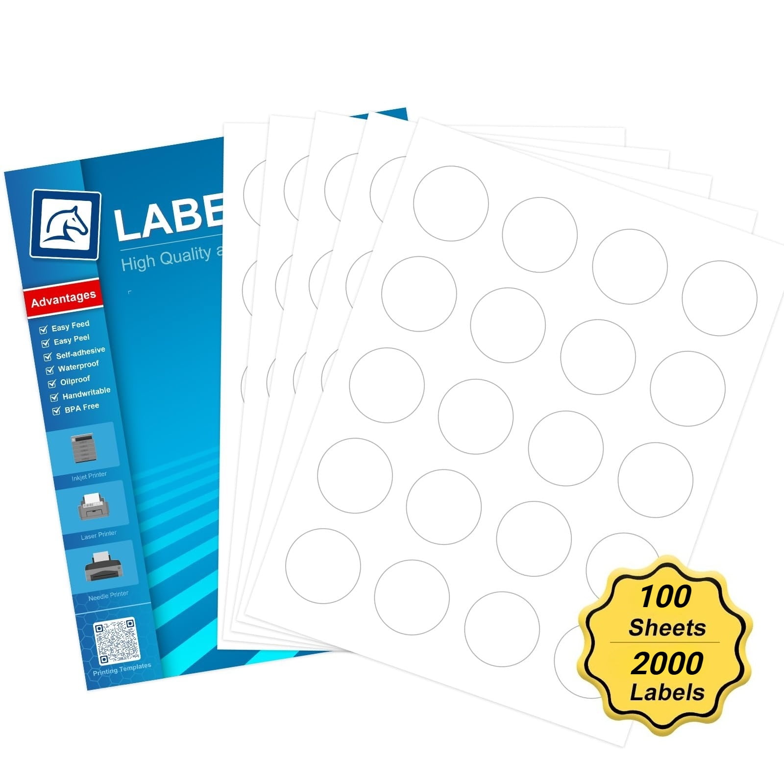 1.5" Round Sticker Labels,White Printable Sheets, Circle Stickers - 100 ...