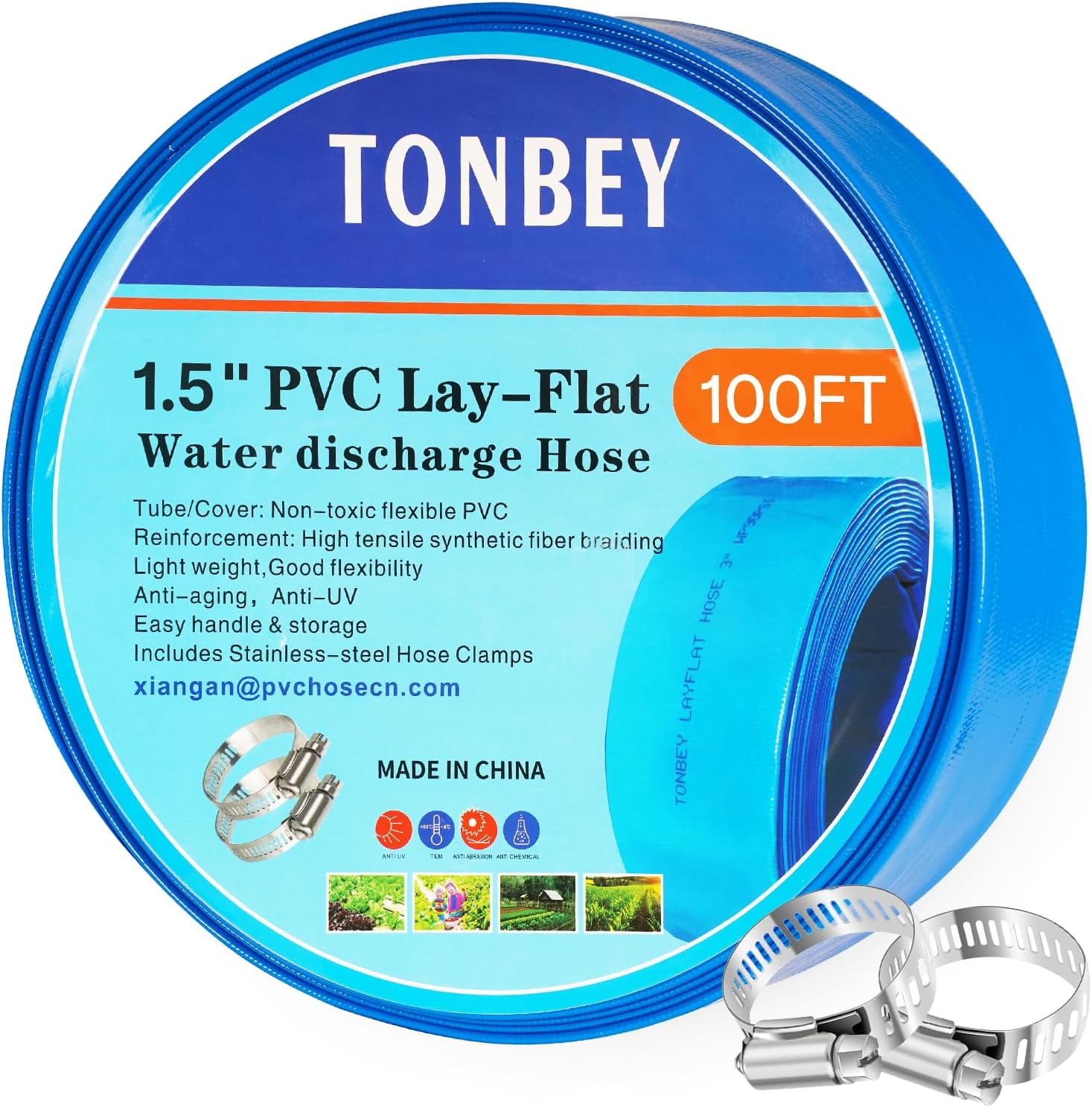 1.5" X 100 FT Heavy Duty PVC Pool Backwash Hose, Lay Flat Discharge ...