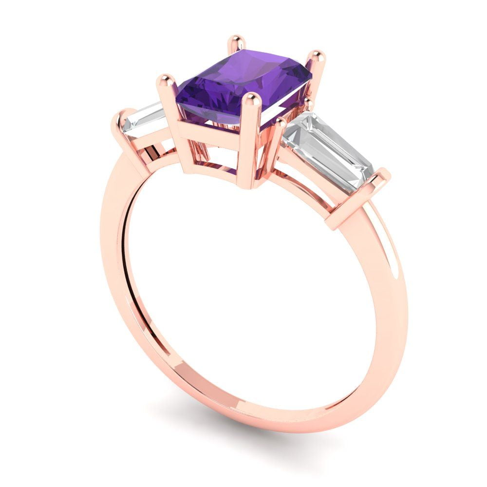1.5 ct Emerald Cut Natural Amethyst Three-Stone Engagement Ring for Women in 18K Rose Gold ...