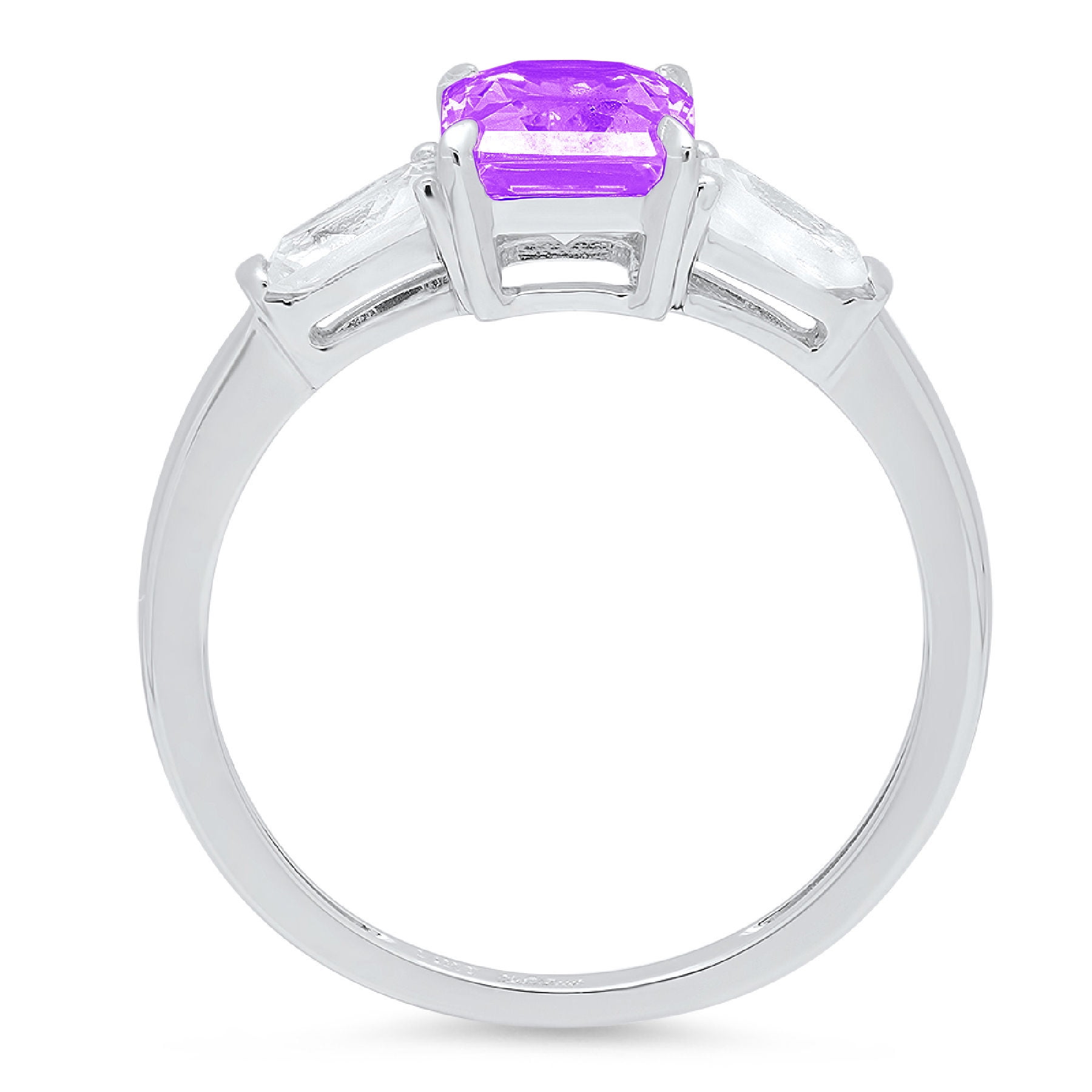 1.5 ct Emerald Cut Natural Amethyst Three-Stone Engagement Ring for Women in 18K White Gold ...