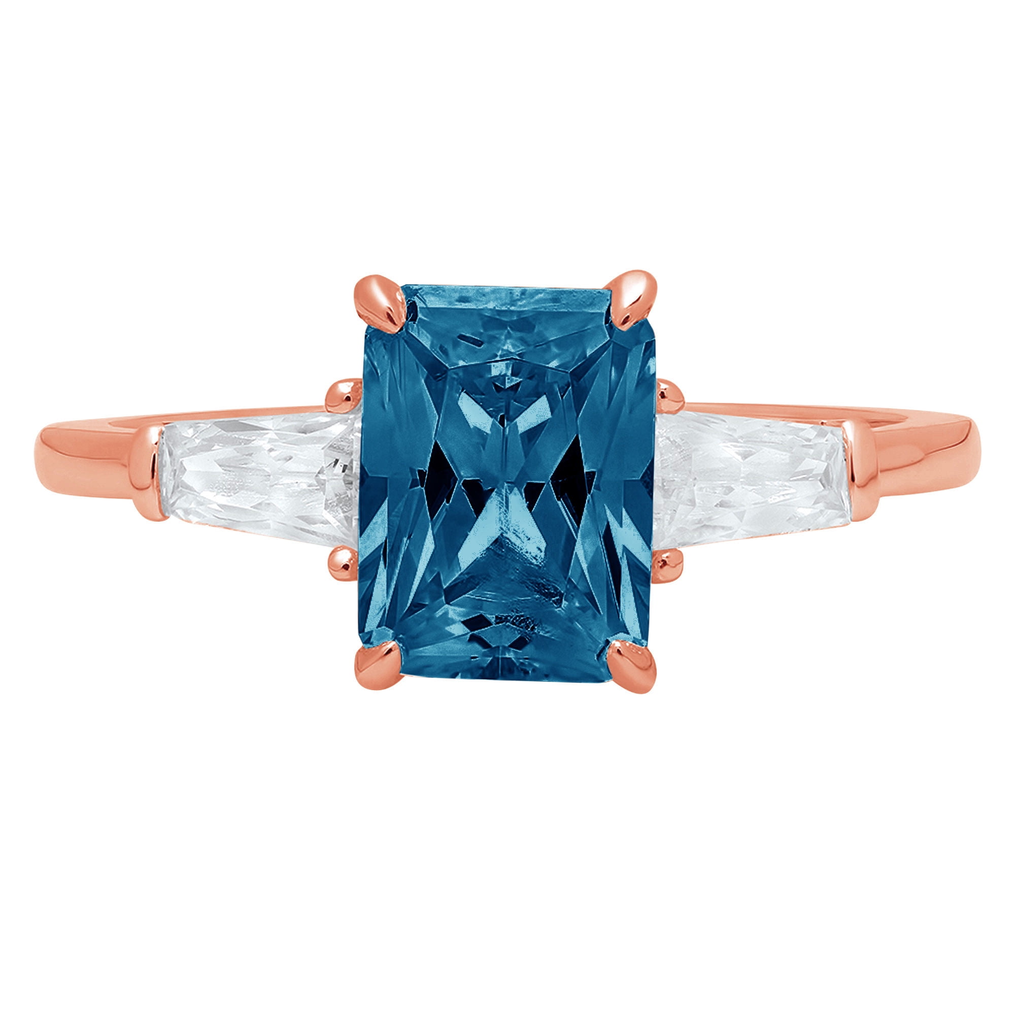 1.5 ct Emerald Cut Natural London Blue Topaz 3 Stone 18K Rose Gold ...