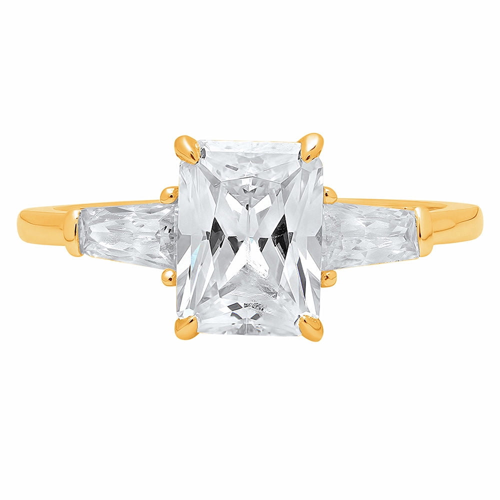 1.5 ct Emerald Cut Simulated Diamond 3 Stone 14K Yellow Gold Womens ...