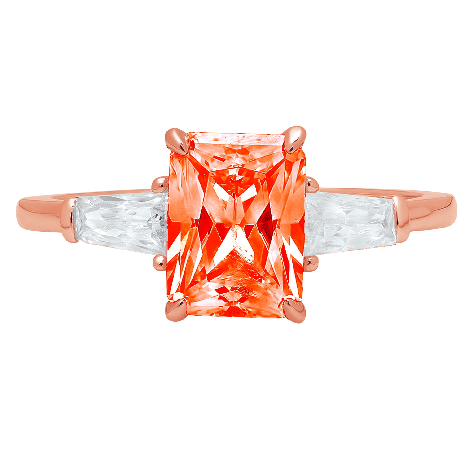 1.5 ct Emerald Cut Simulated Red Diamond 3 Stone 14K Rose Gold Womens ...