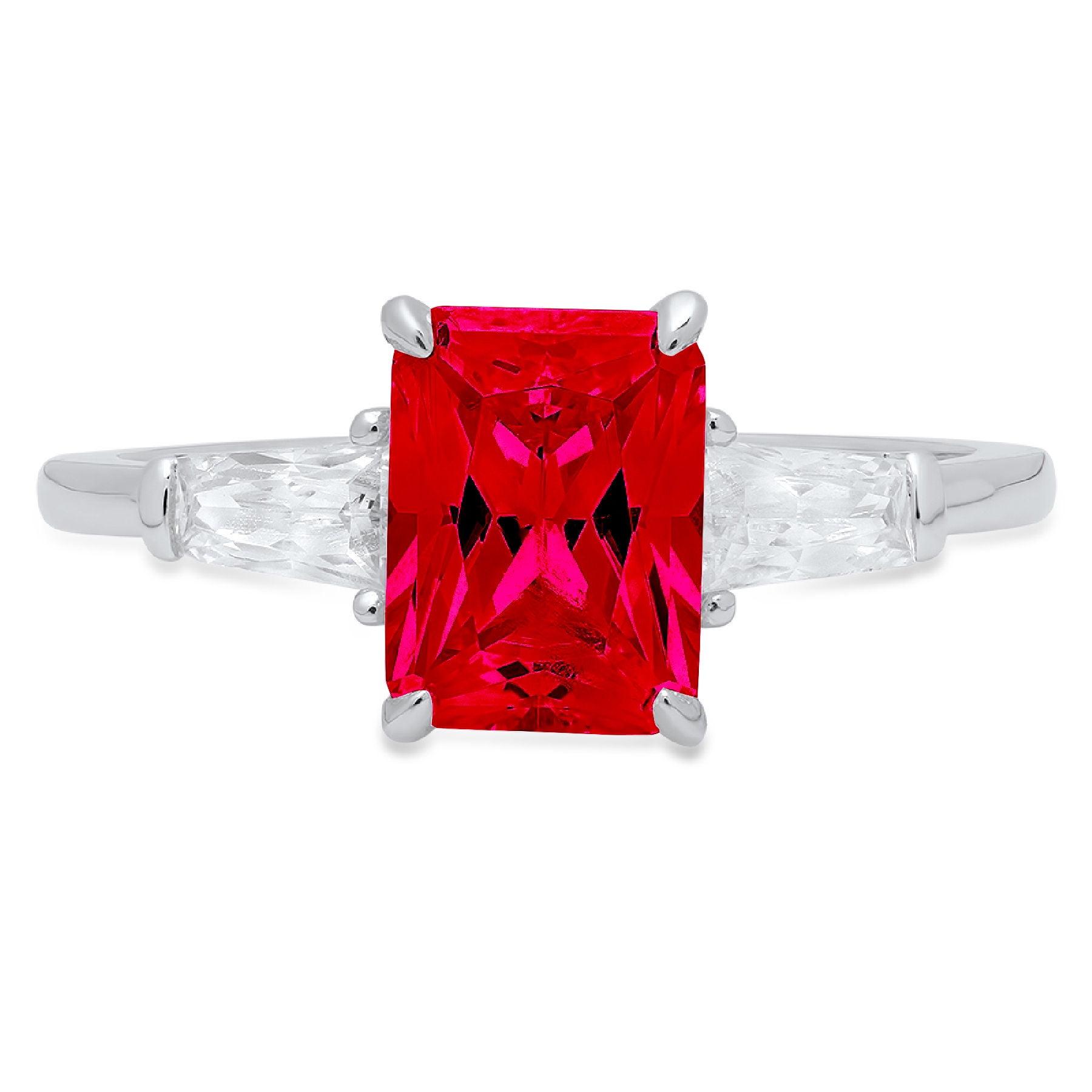1.5 ct Emerald Cut Simulated Ruby 3 Stone 18K White Gold Womens ...