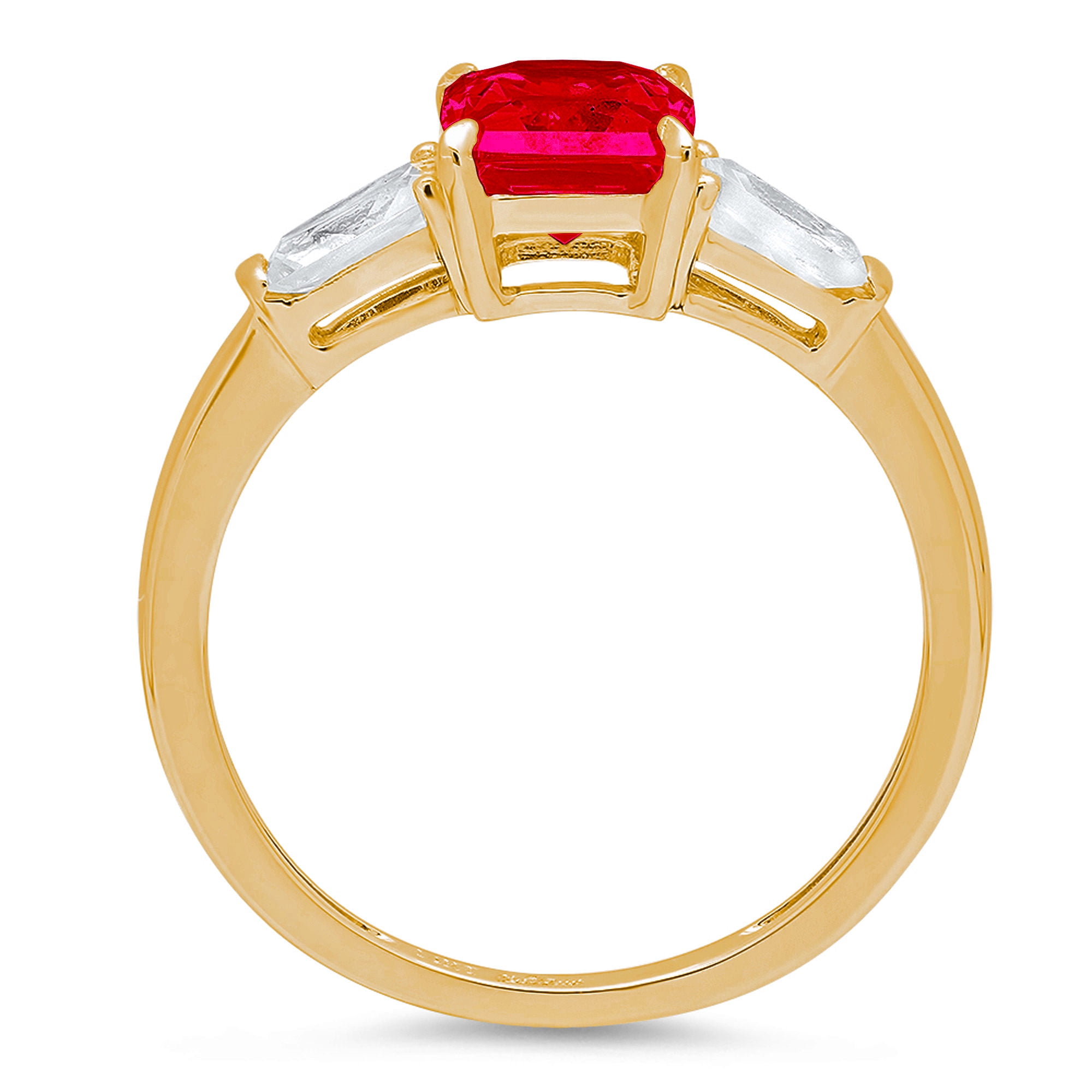1.5 ct Emerald Cut Simulated Ruby Three-Stone Engagement Ring for Women in 18K Yellow Gold ...