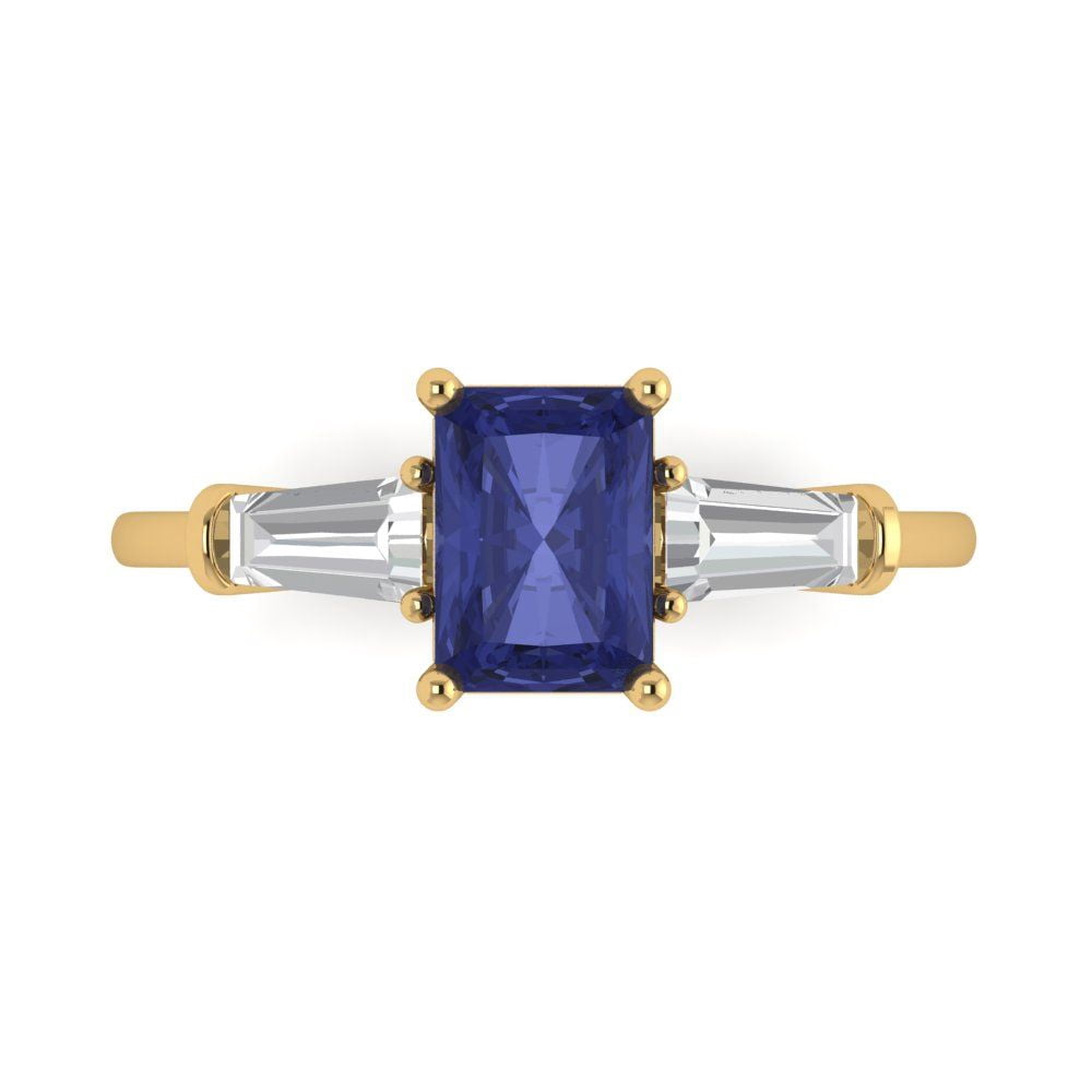 1.5 ct Emerald Cut Simulated Tanzanite 3 Stone 14K Yellow Gold Womens ...