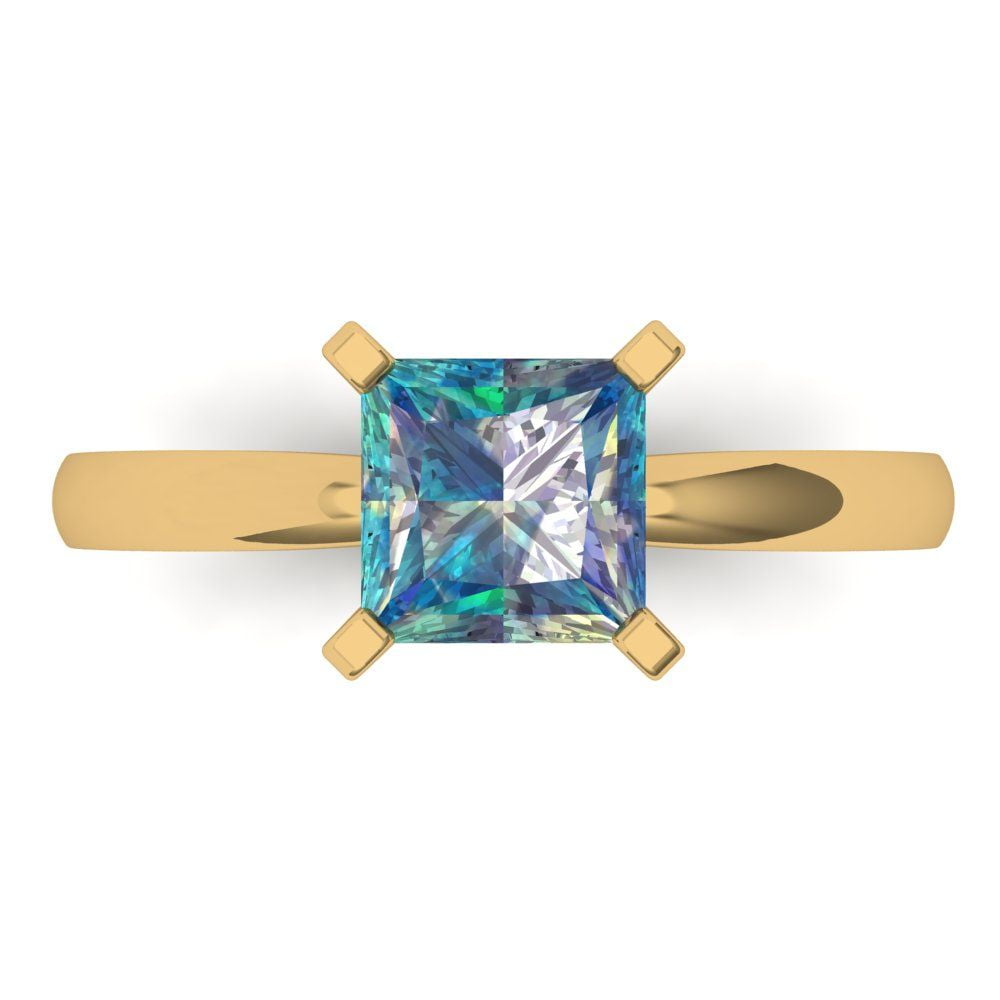 1.5 ct Princess Cut Blue Moissanite Solitaire 14K Yellow Gold Womens ...