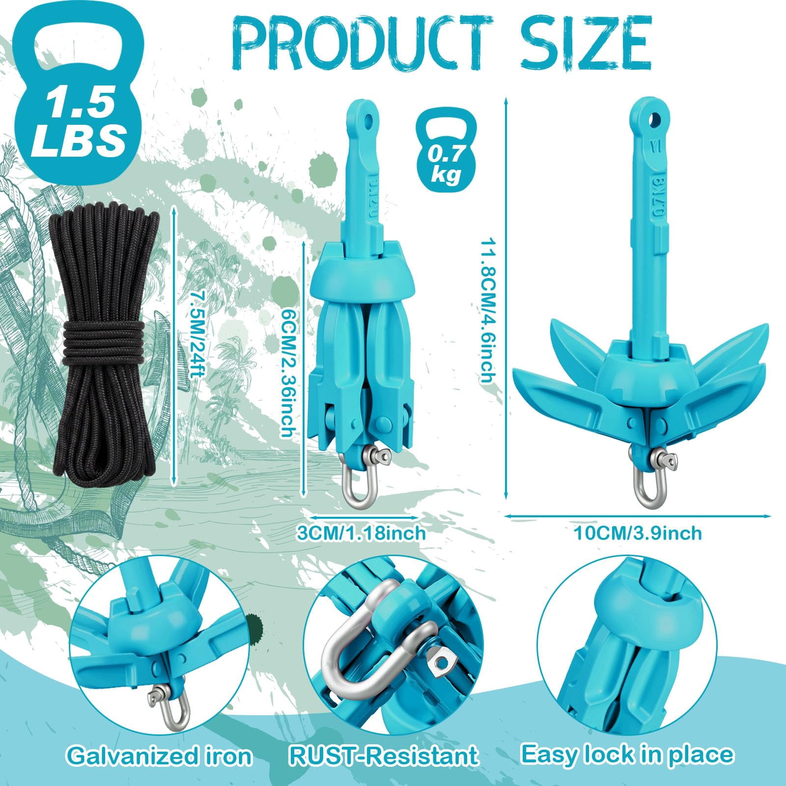 1.5 lb Blue Folding Grapnel Marine Anchor Kit for Small Boats, Canoes ...
