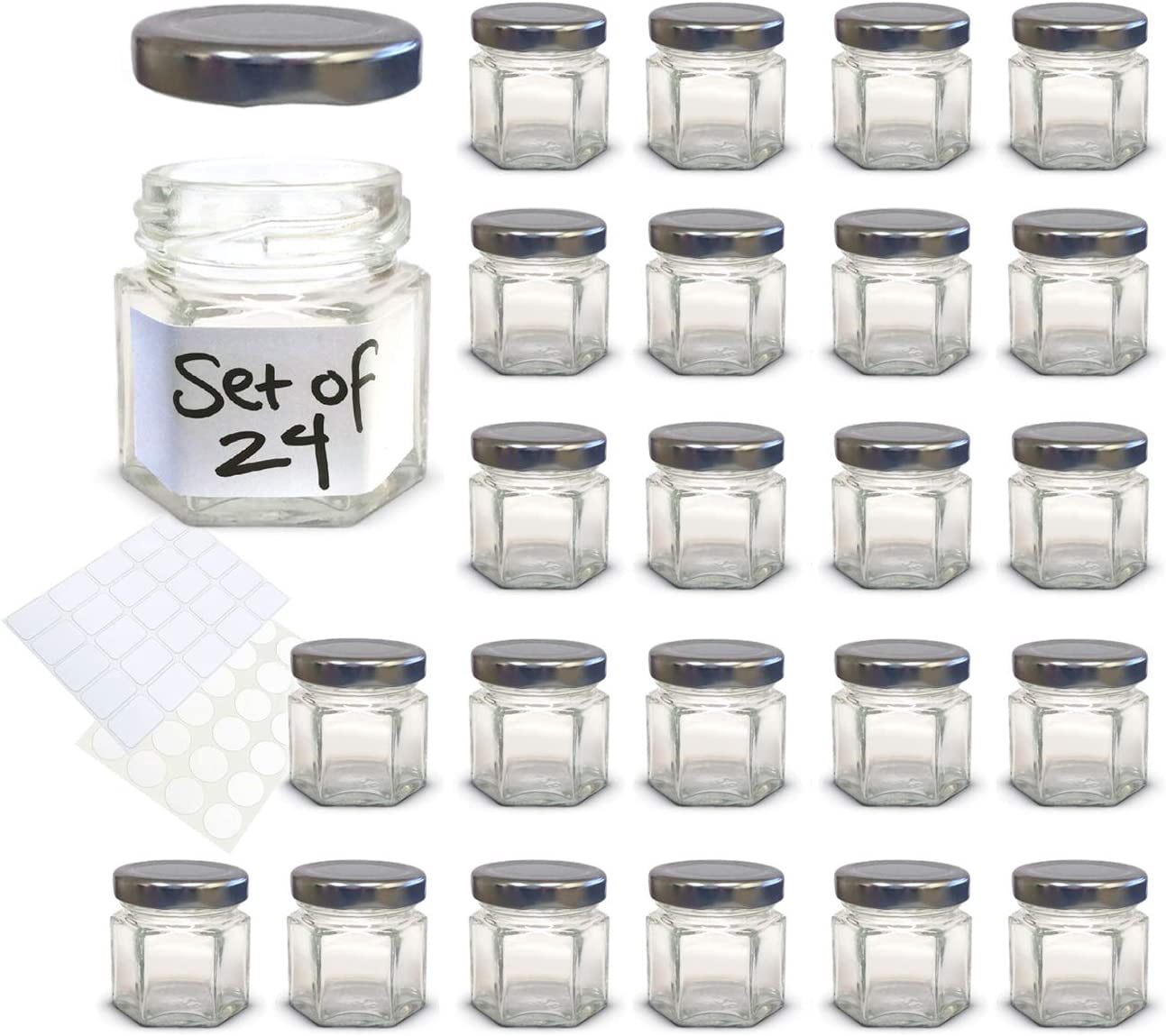 1.5 oz Hexagon Mini Glass Jars with Silver Lids and Labels (Pack of 24 ...