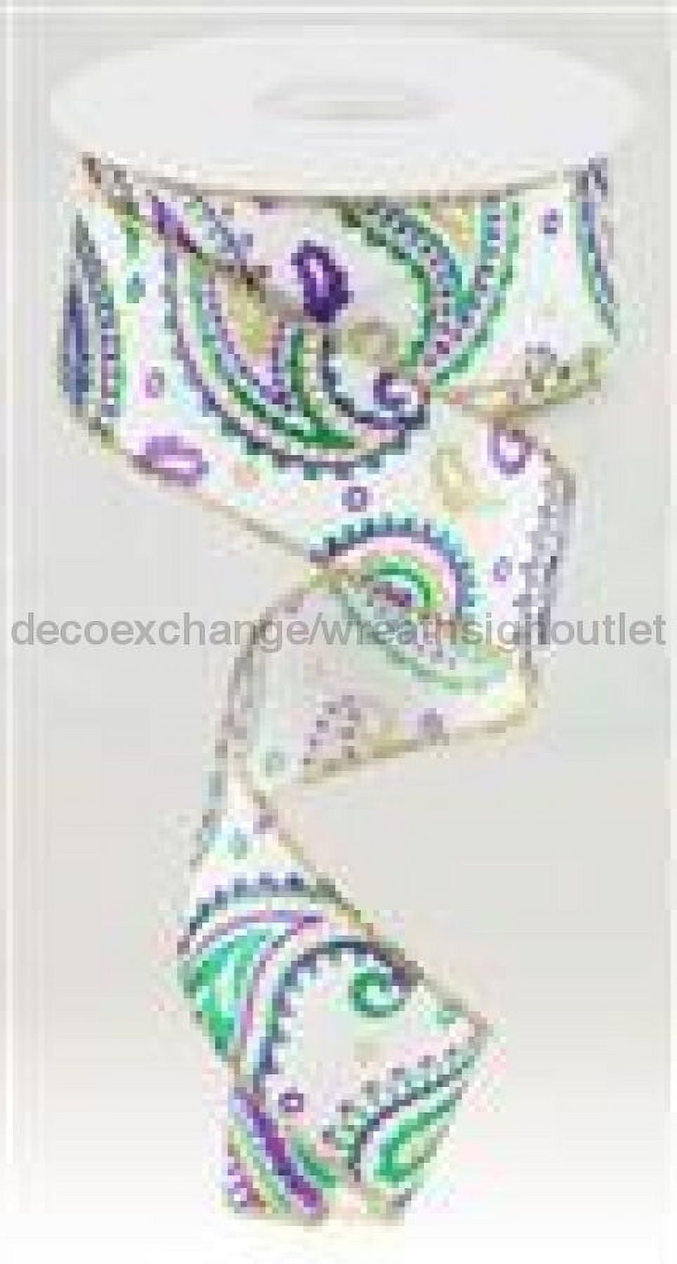 1.5" x 10yd Paisley Mardi Gras Wired Ribbon - Festive Green, Gold, and ...