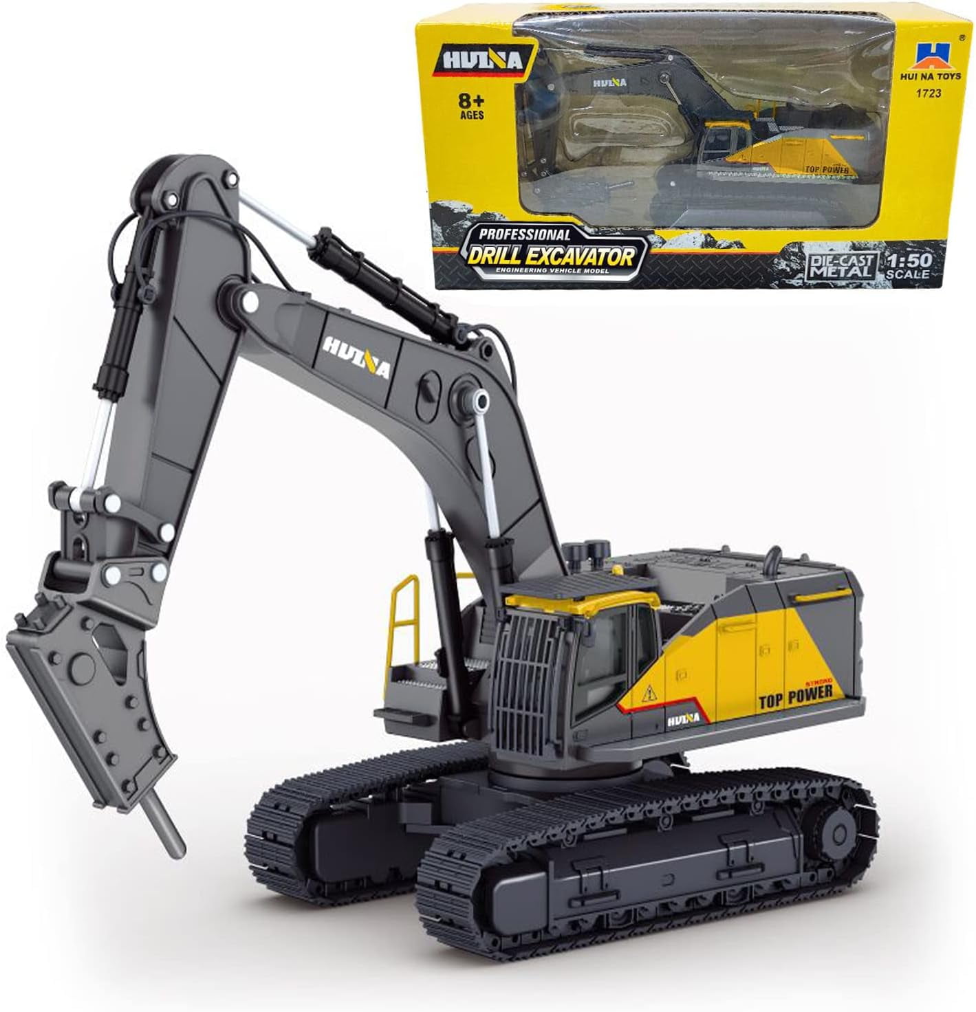 1/50 Scale Diecast Yellow Drill Excavator Construction Toy Model ...
