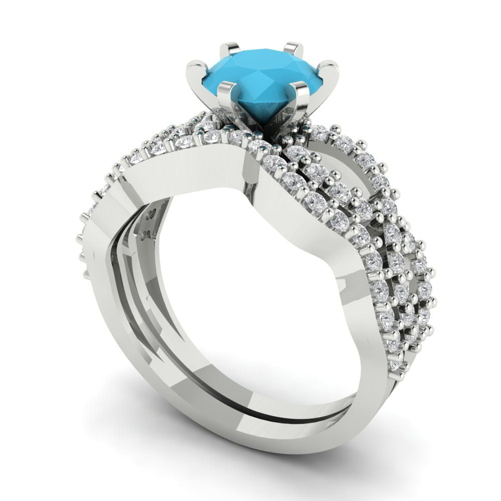 1.52 ct Brilliant Round Cut Turquoise 14k White Gold Solitaire with Accents Engagement Bridal ...